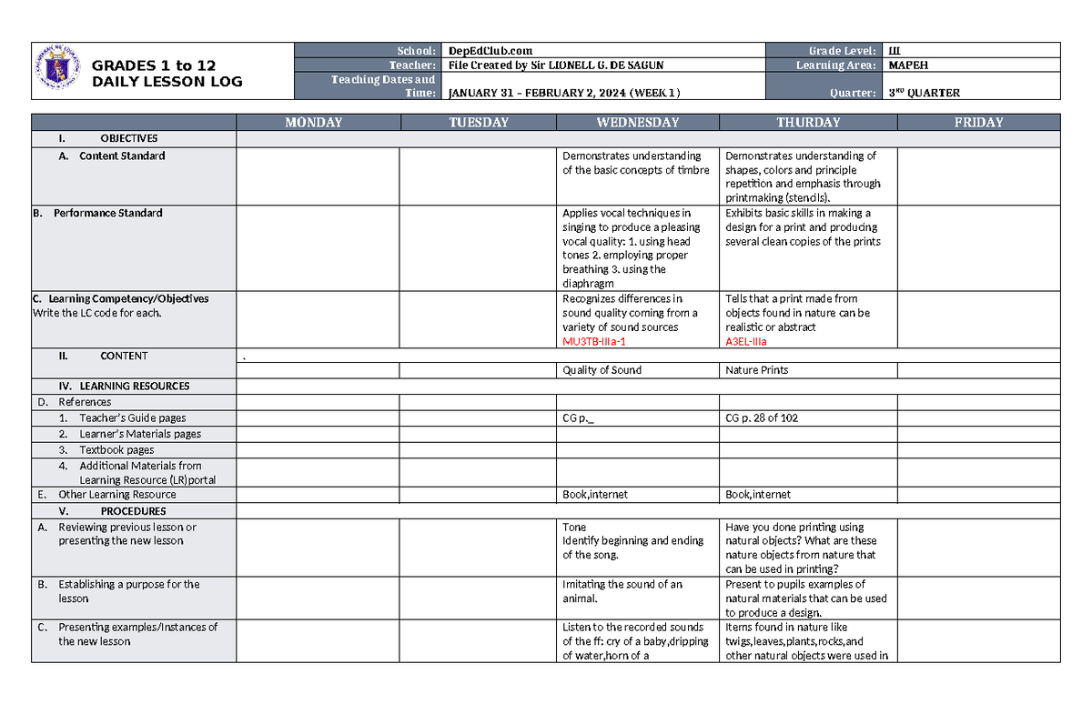 DLL Mapeh 3 Q3 W1 - pratice materials - GRADES 1 to 12 DAILY LESSON LOG ...