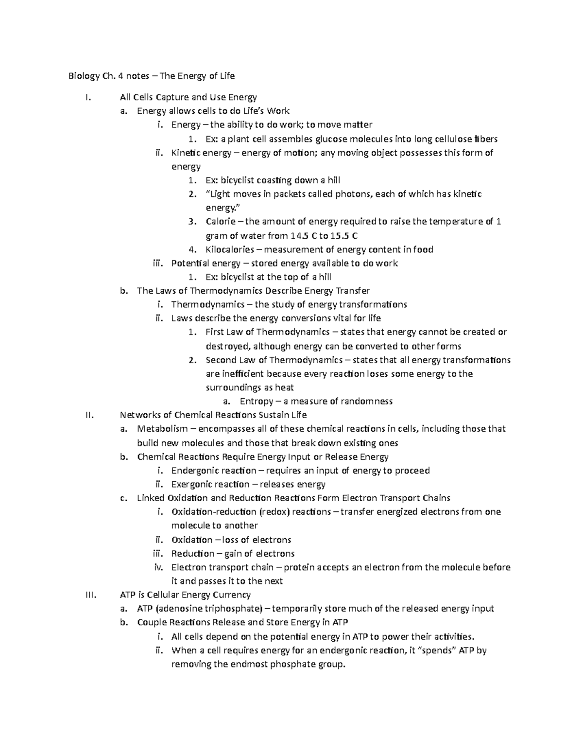 Ch. 4 notes - anderson - Biology Ch. 4 notes – The Energy of Life I ...