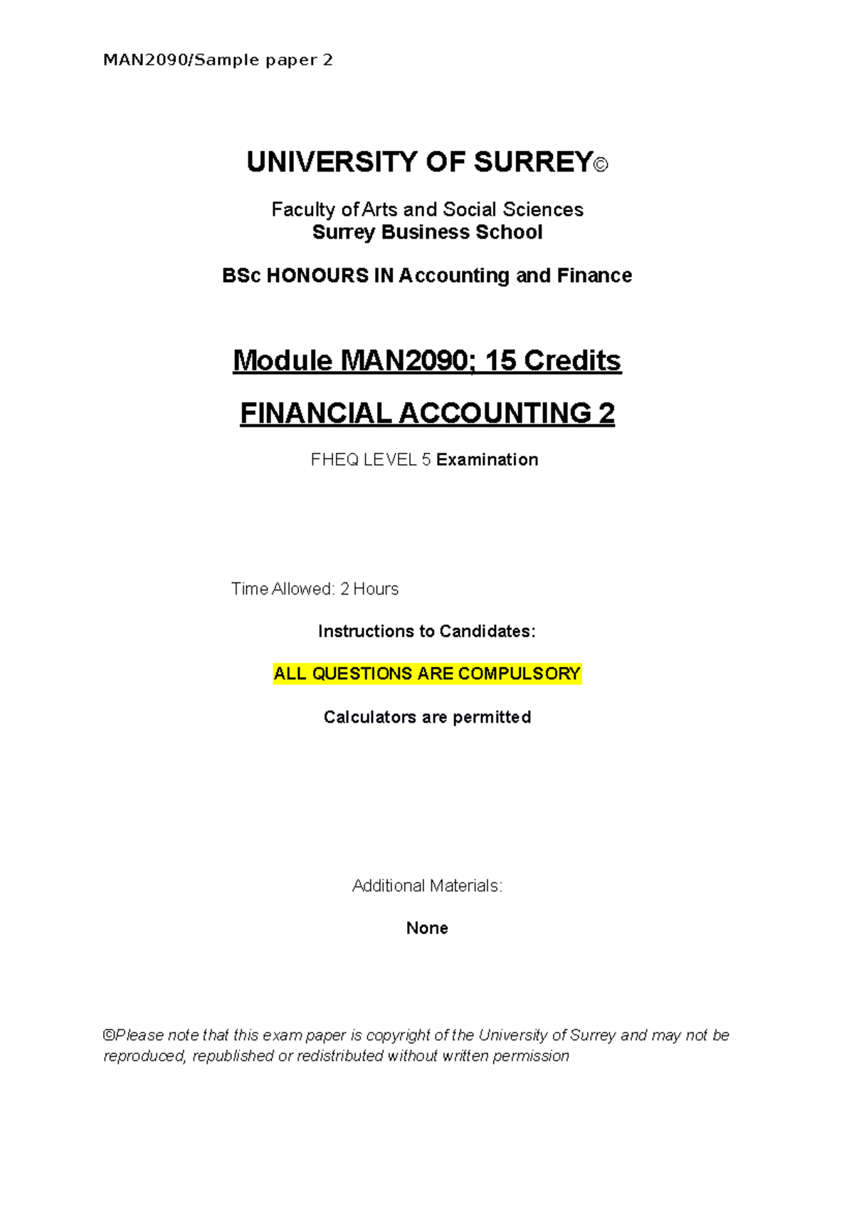 Financial Accounting 2 Sample exam paper 20-21 Questions - MAN2090 ...