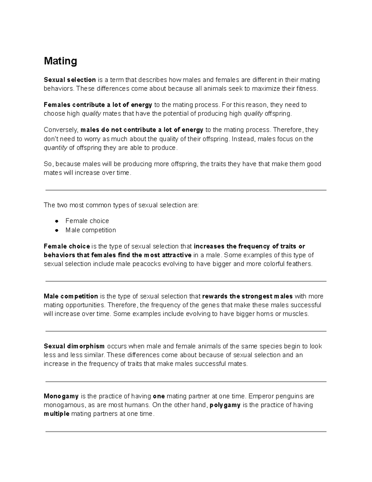 Mating - Lecture notes 20 - Mating Sexual selection is a term that ...