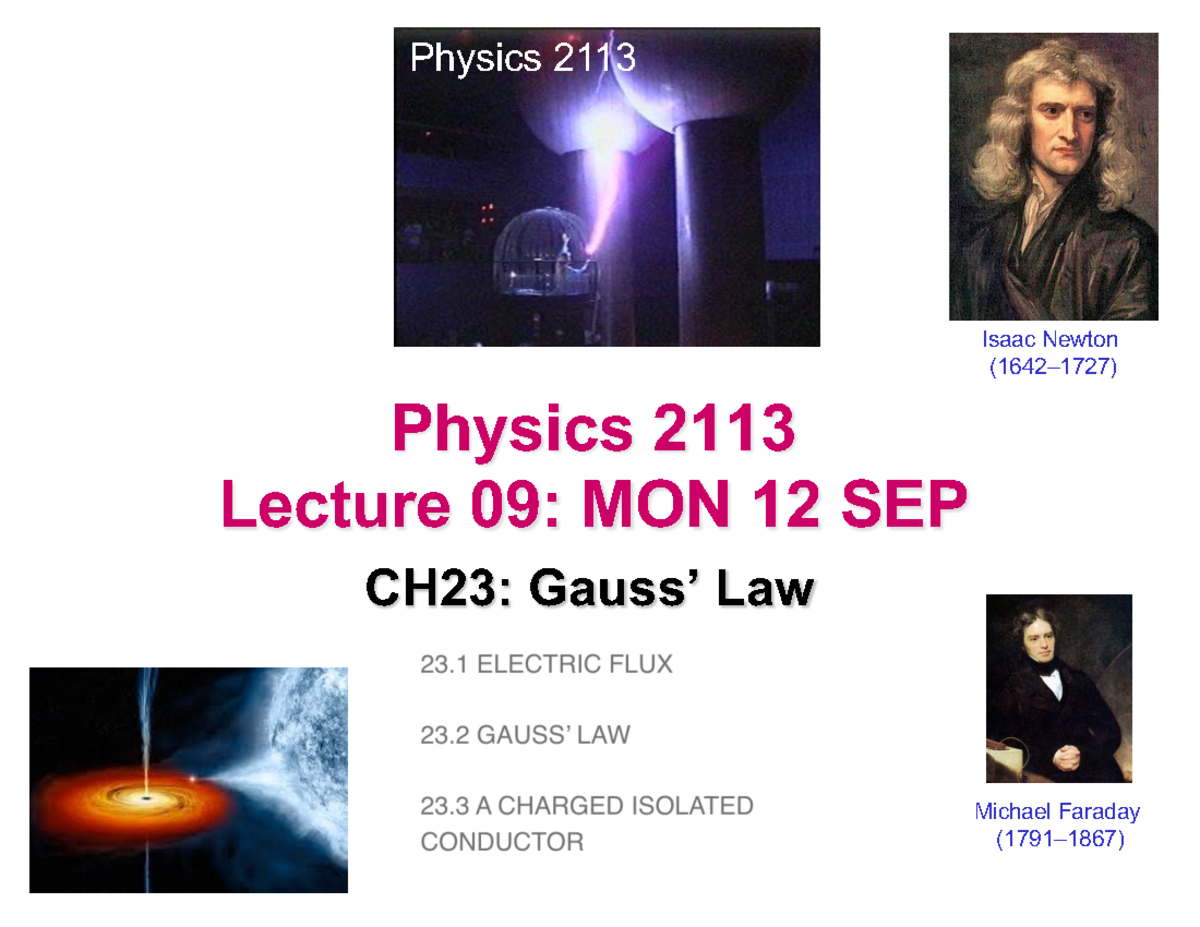 Lecture 9 CH23 - With examples - Physics 2113 Lecture 09: MON 12 SEP CH23: Gauss’ Law Isaac ...