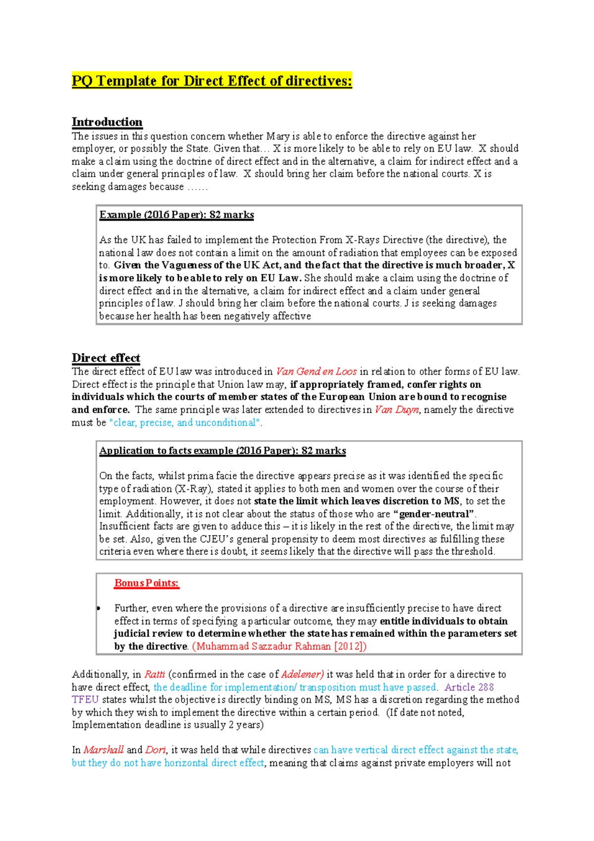 EU Law Direct Effect of directives - PQ Template for Direct Effect of ...