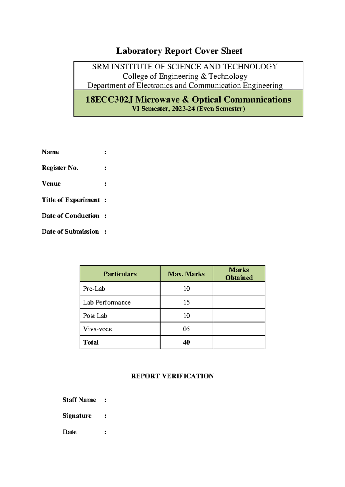 MOC Cover Sheet - Laboratory Report Cover Sheet SRM INSTITUTE OF ...