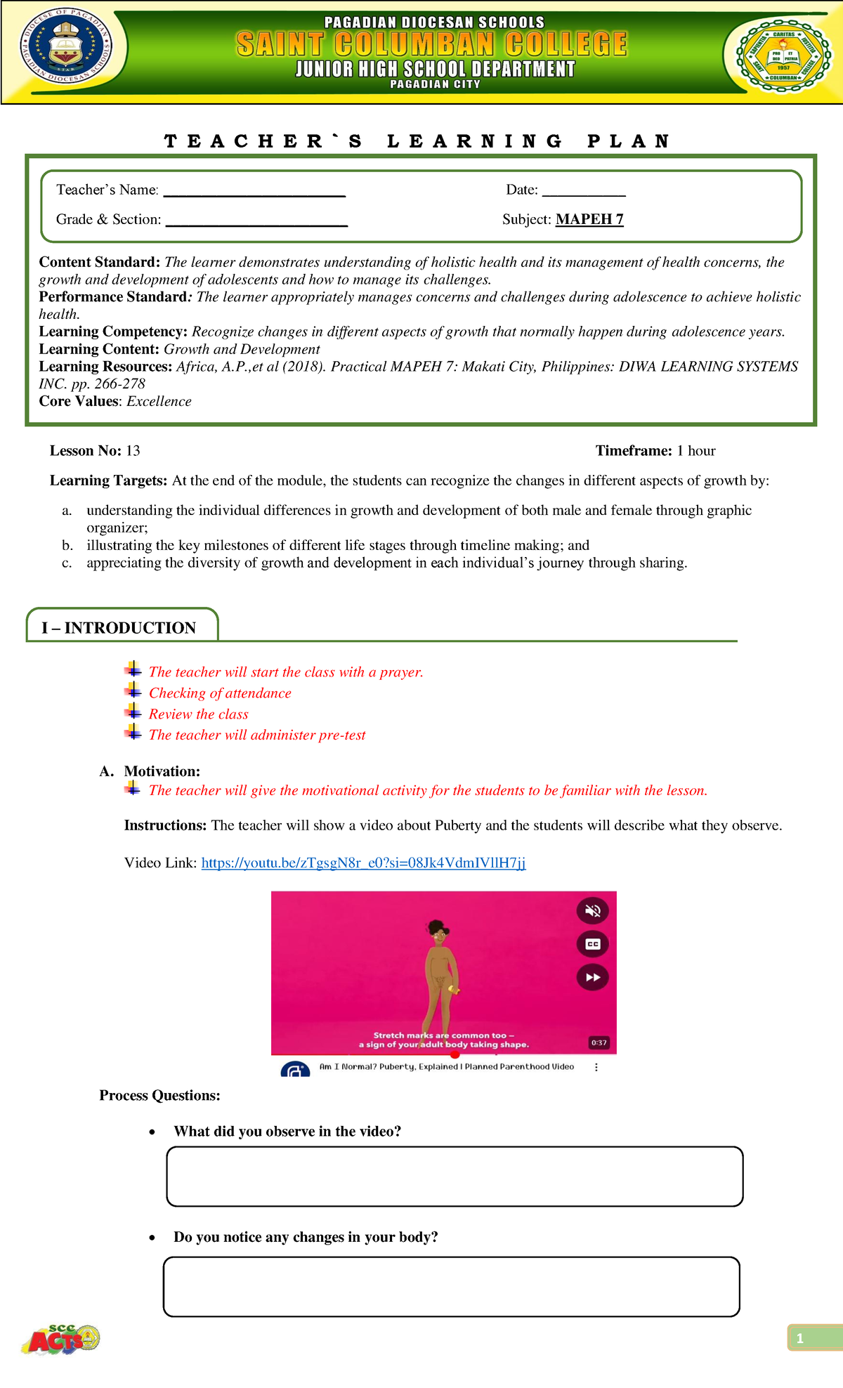 Lesson 13 Mapeh 7 - so this is - T E A C H E R ` S L E A R N I N G P L ...