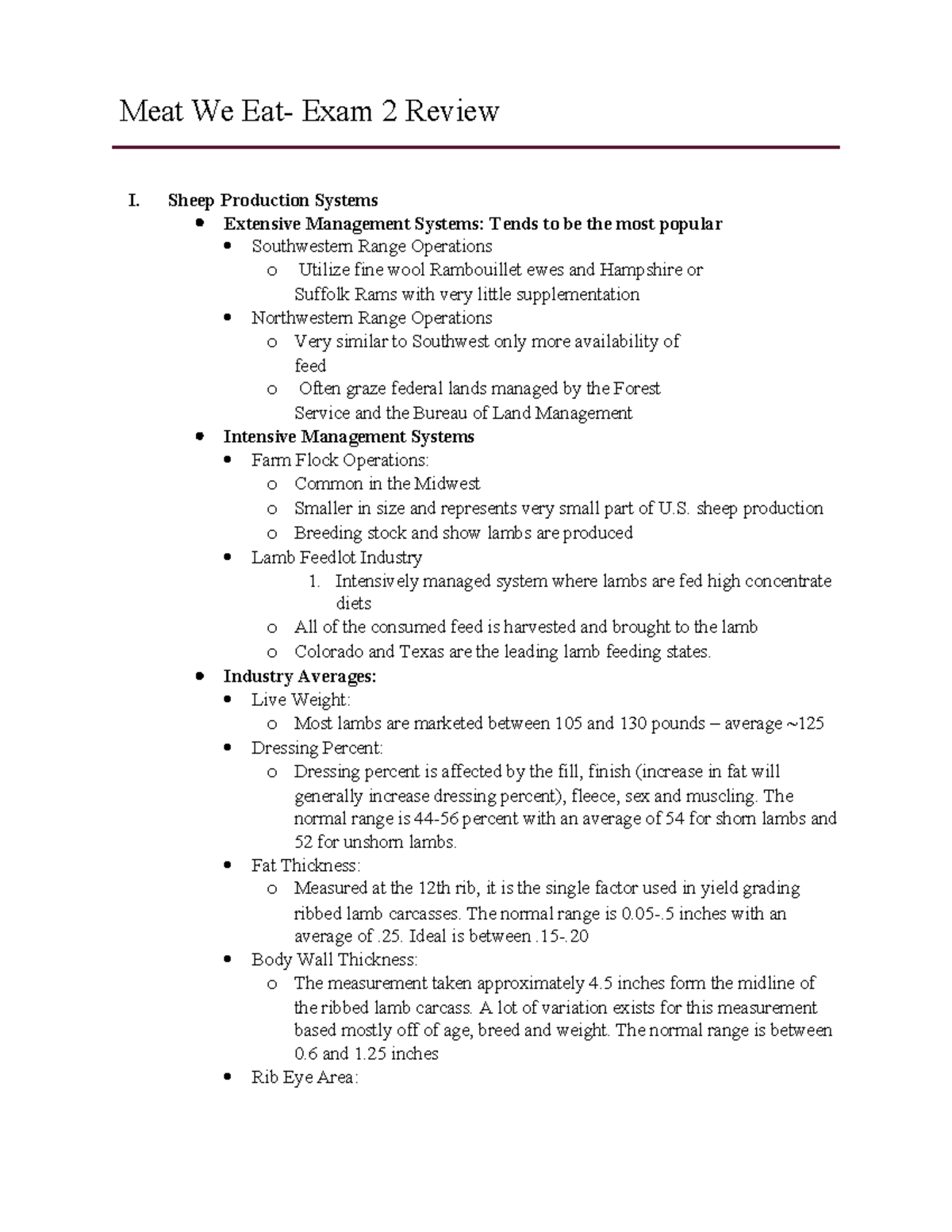Meat We Eat- Exam 2 study guide - Meat We Eat- Exam 2 Review I. Sheep ...