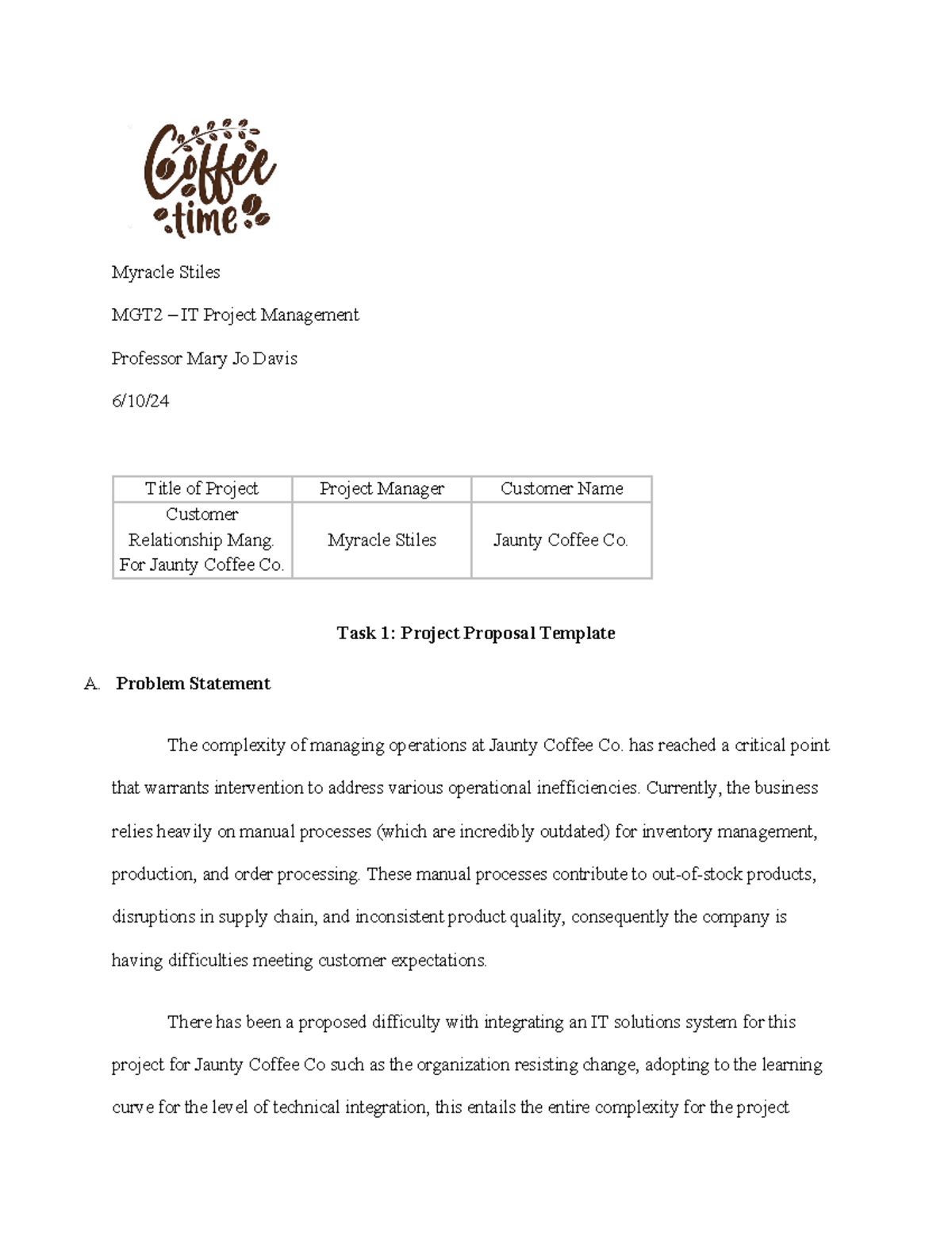 Task 1 - PROJECT PROPOSAL - Myracle Stiles MGT2 – IT Project Management Professor Mary Jo Davis ...