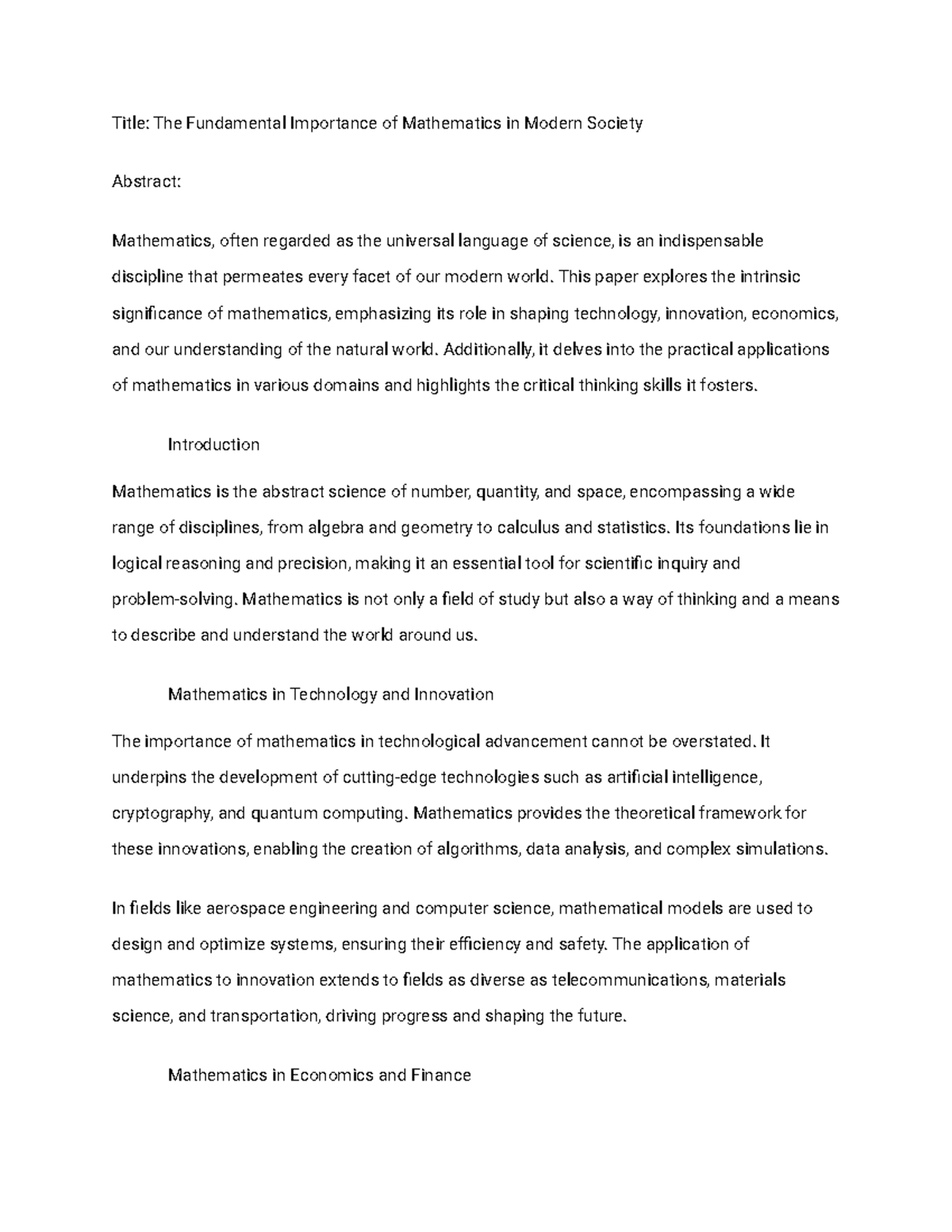 Title The Fundamental Importance of Mathematics in Modern Society ...