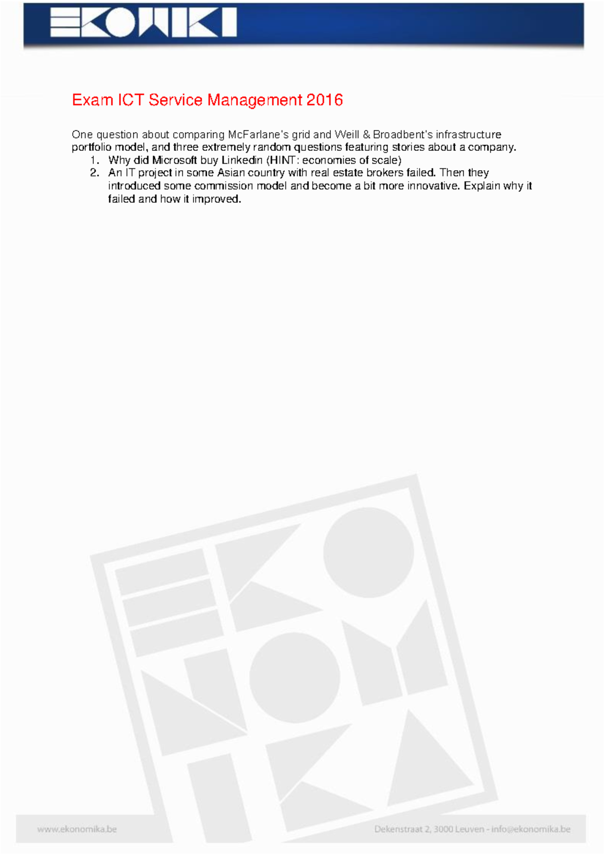 Exam ICT Service management 2016 - Exam ICT Service Management 2016 One ...