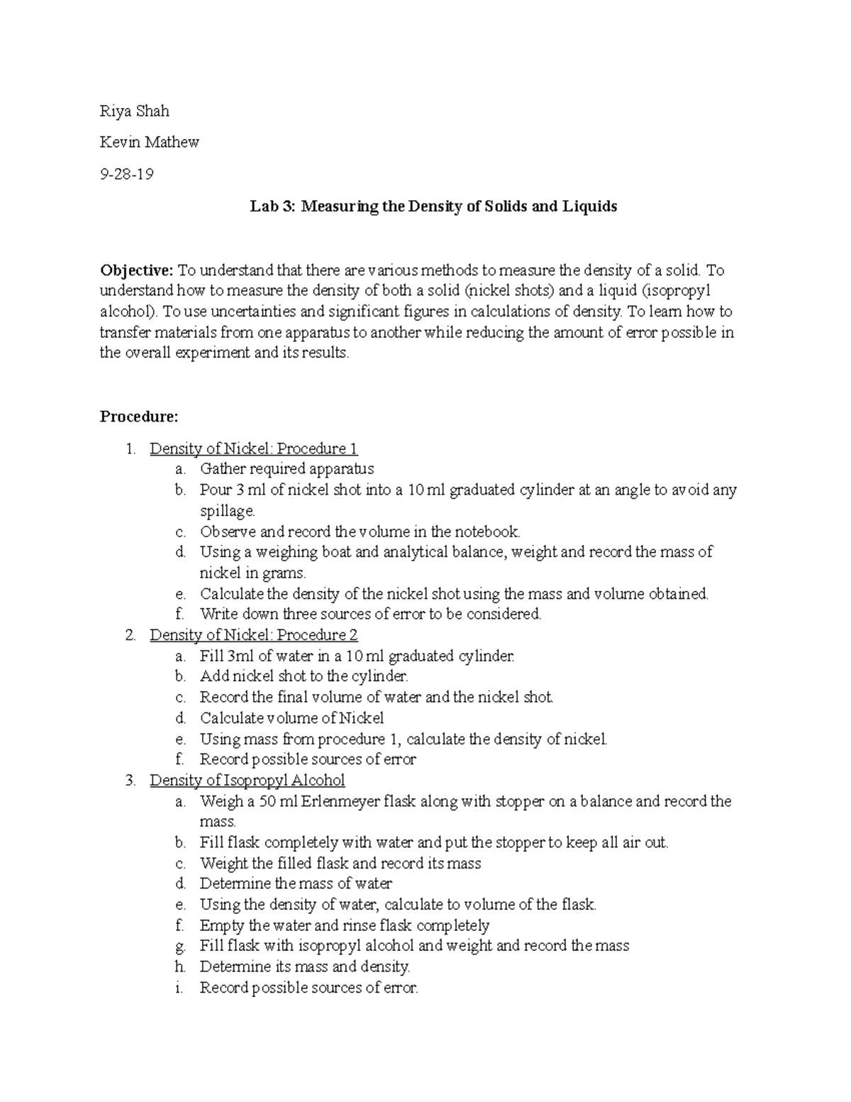 Chem Post Lab 3 Density - Post Lab - Riya Shah Kevin Mathew 9-28- Lab 3 ...