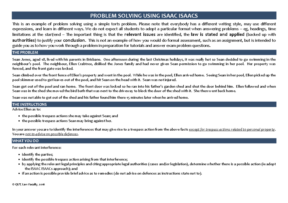 Problem Solving Using Isaac Isaacs - PROBLEM SOLVING USING ISAAC ISAACS This is an example of ...