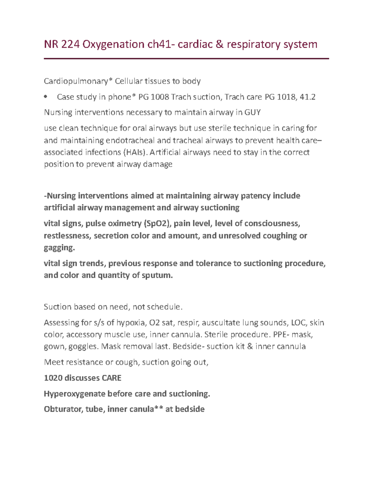 NR 224 Oxygenation ch41 - Nursing interventions necessary to maintain ...