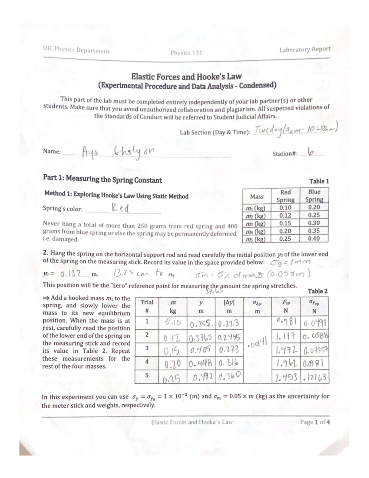 Phys 131- Lab - Lab Report - UIC Physics Department Physics 131 ...