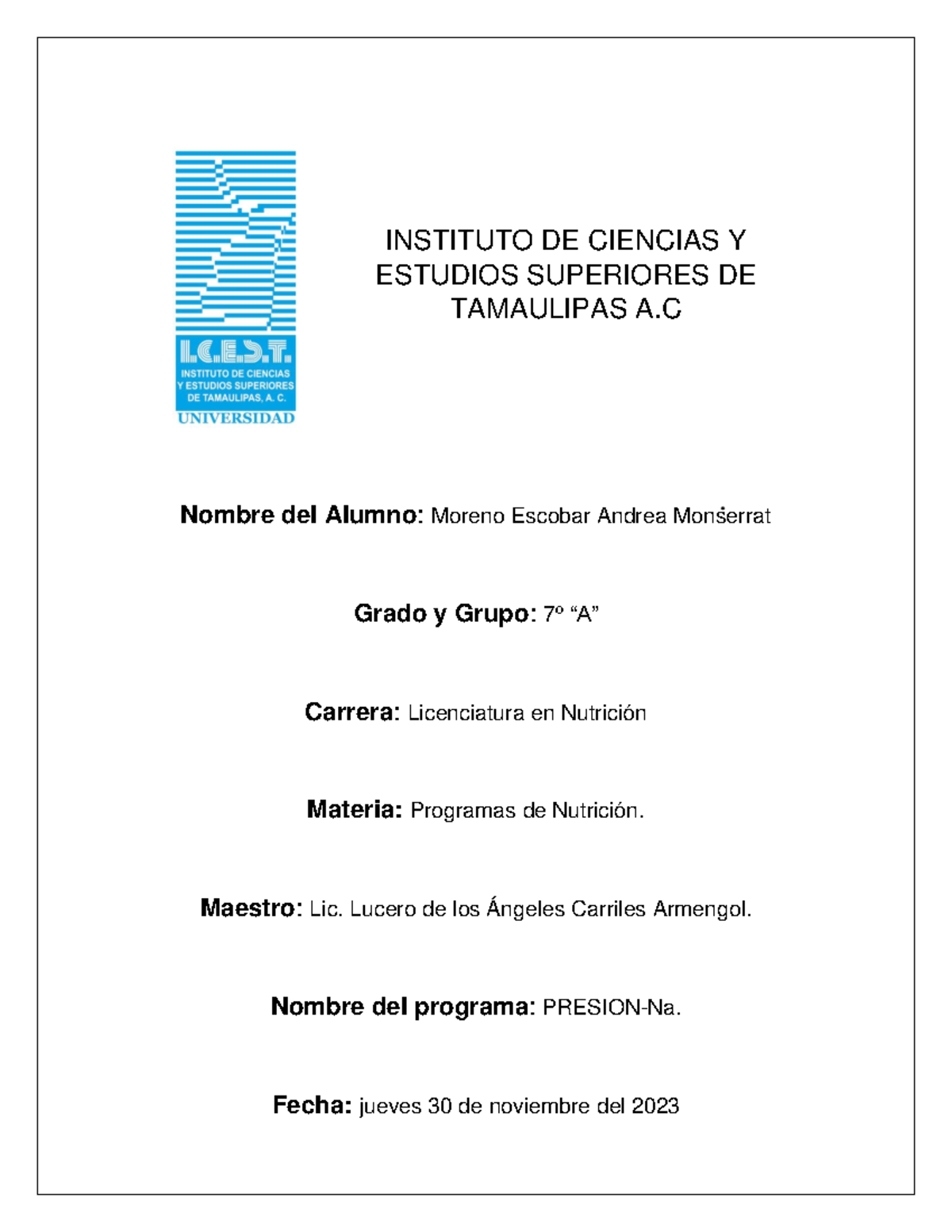 Programa HTA - Son breeds - INSTITUTO DE CIENCIAS Y ESTUDIOS SUPERIORES DE TAMAULIPAS A Nombre ...