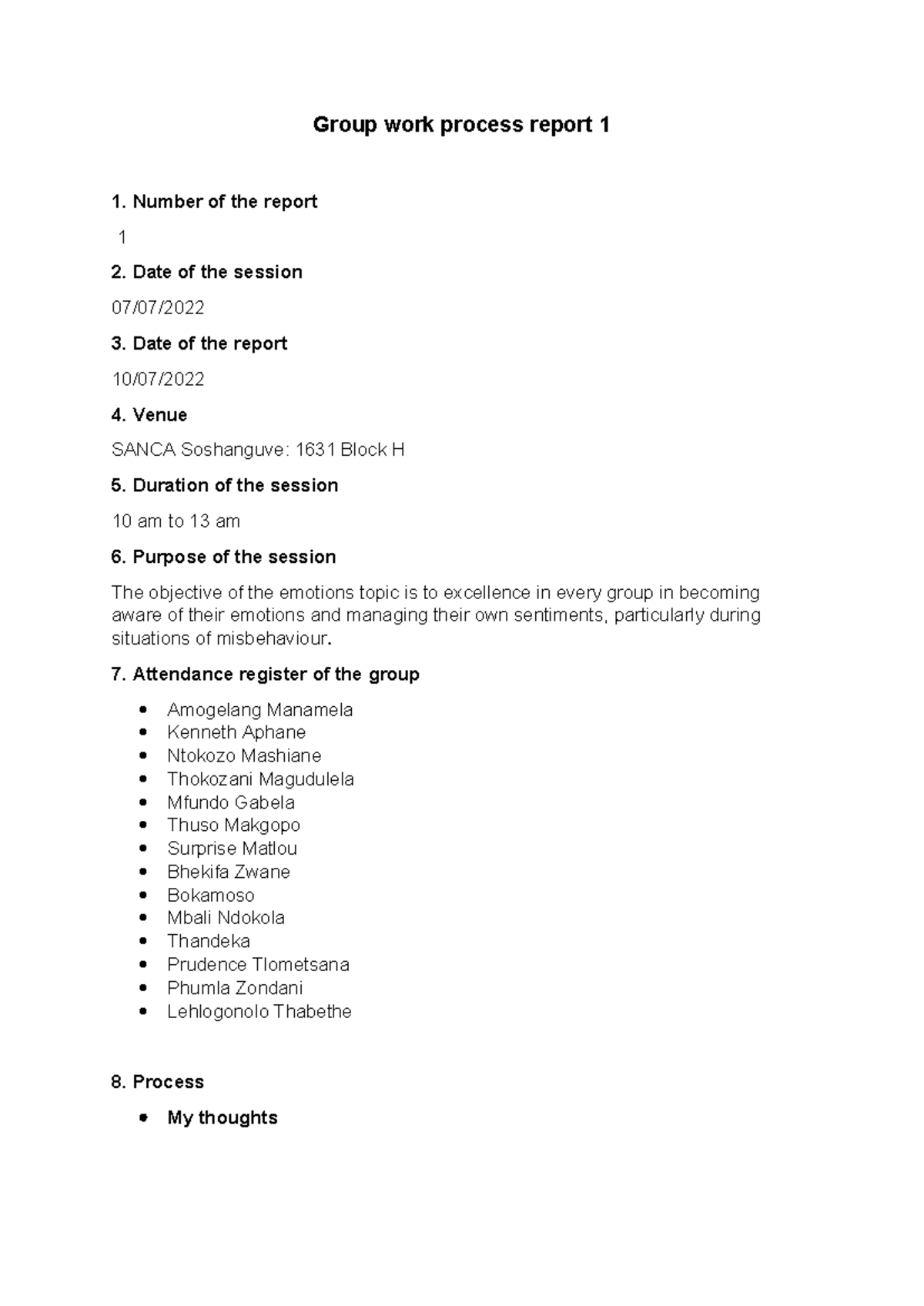 Group work process report 1 a - Group work process report 1 Number of ...