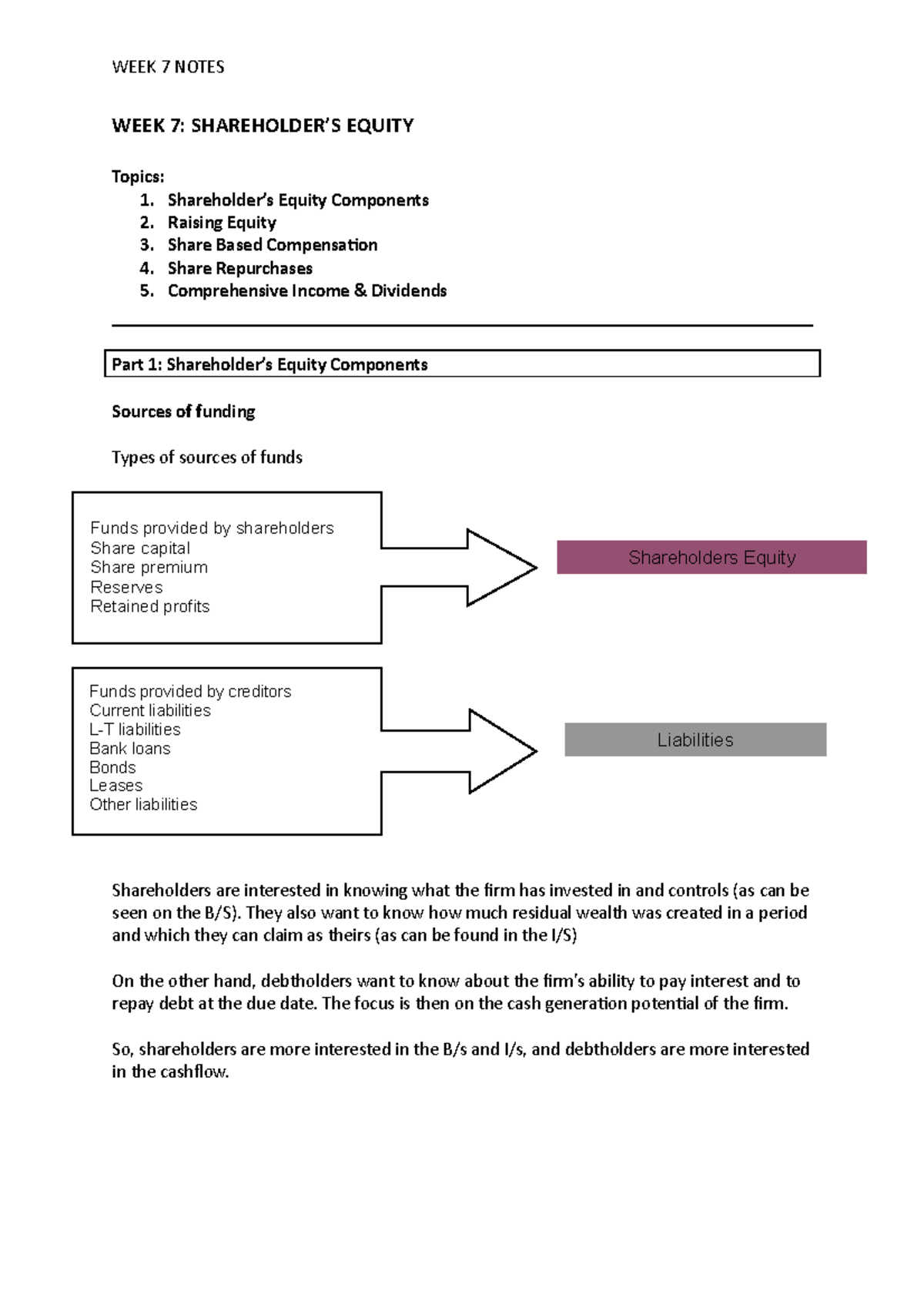 WEEK 7 - Shareholders Equity - WEEK 7: SHAREHOLDER’S EQUITY Topics: 1 ...
