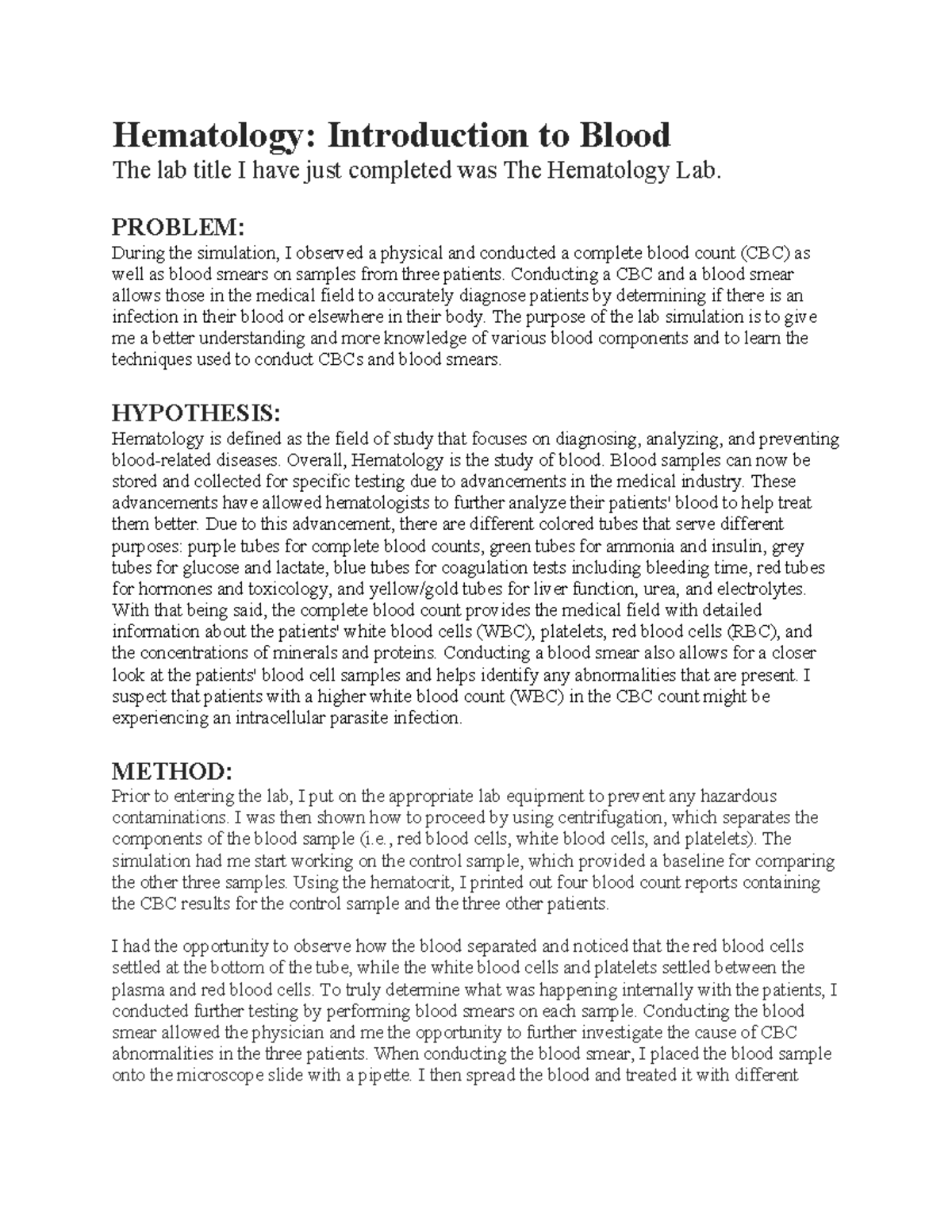 Week 1 Sample Lab Report - Hematology: Introduction to Blood The lab ...