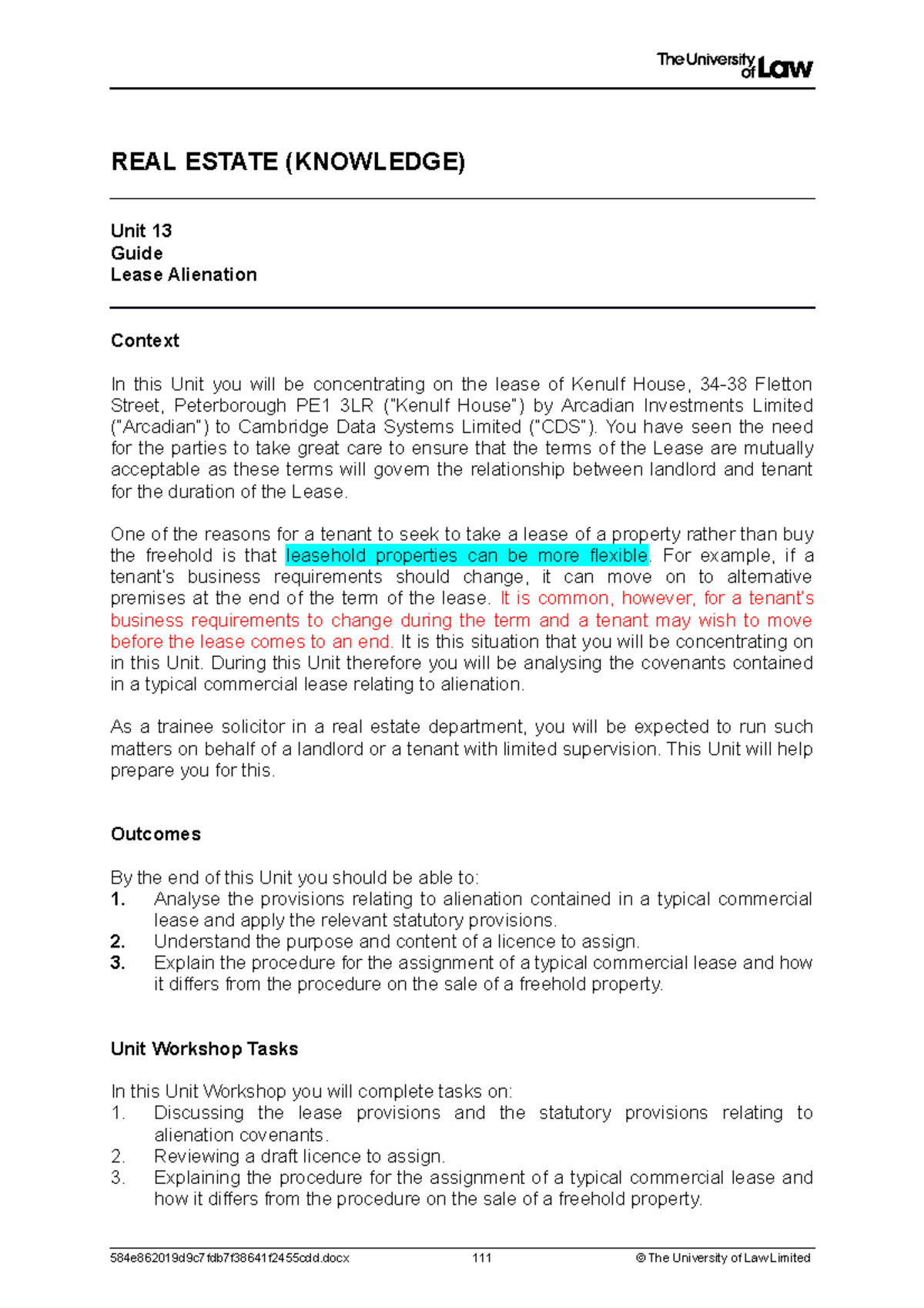 1. Workshop 13 RE - REAL ESTATE (KNOWLEDGE) Unit 13 Guide Lease ...