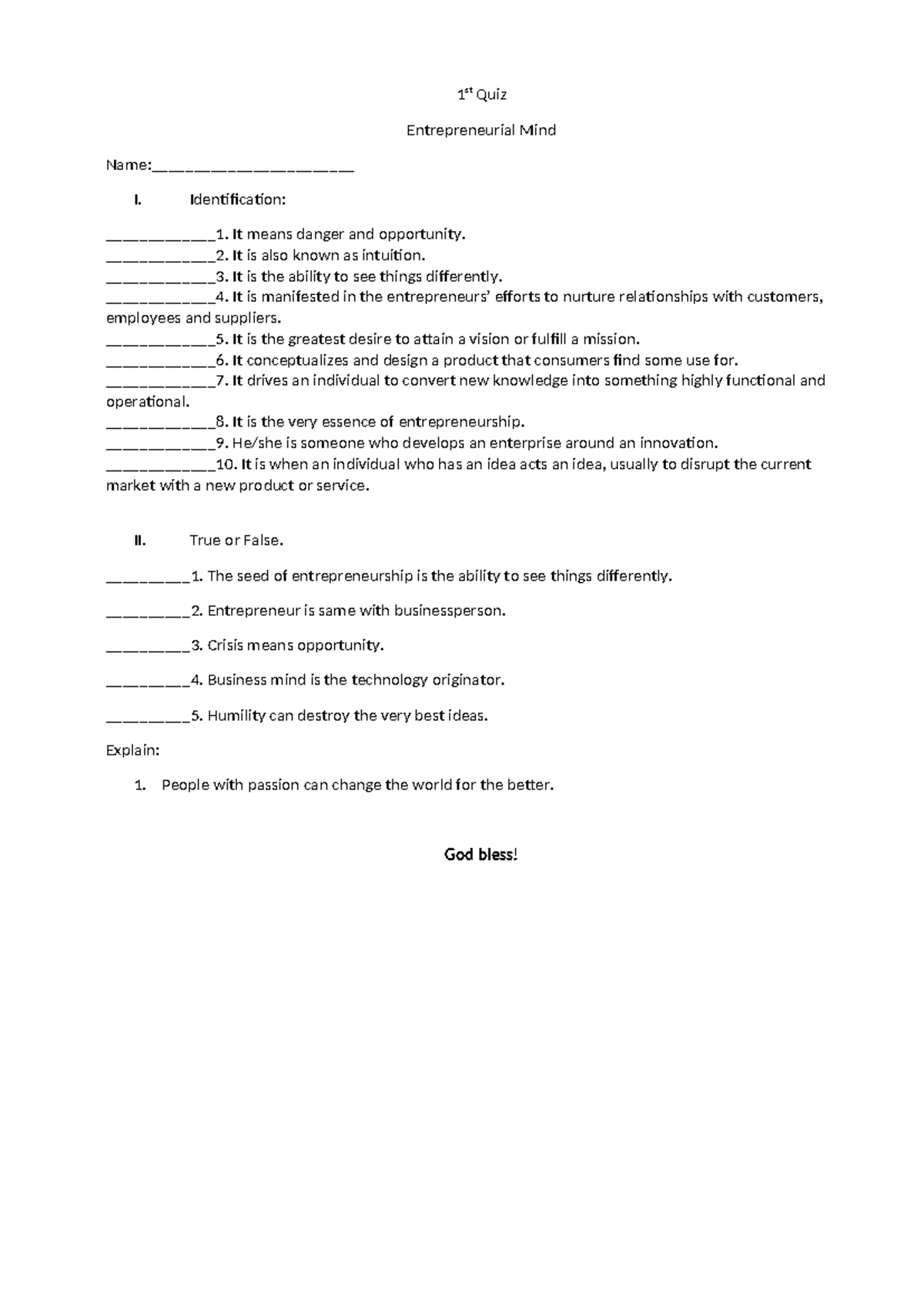 1st Quiz Entrep MIND - 1 st Quiz Entrepreneurial Mind Name ...