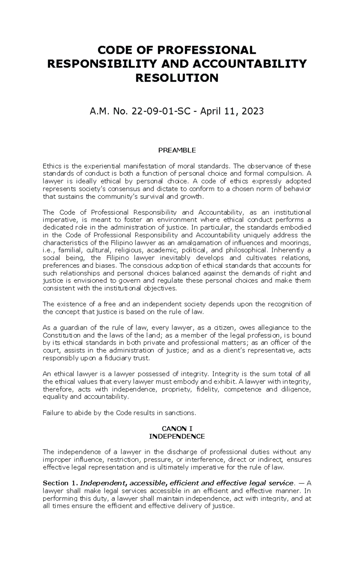 CODE OF Professional Responsibility AND Accountability Resolution - CODE OF PROFESSIONAL - Studocu