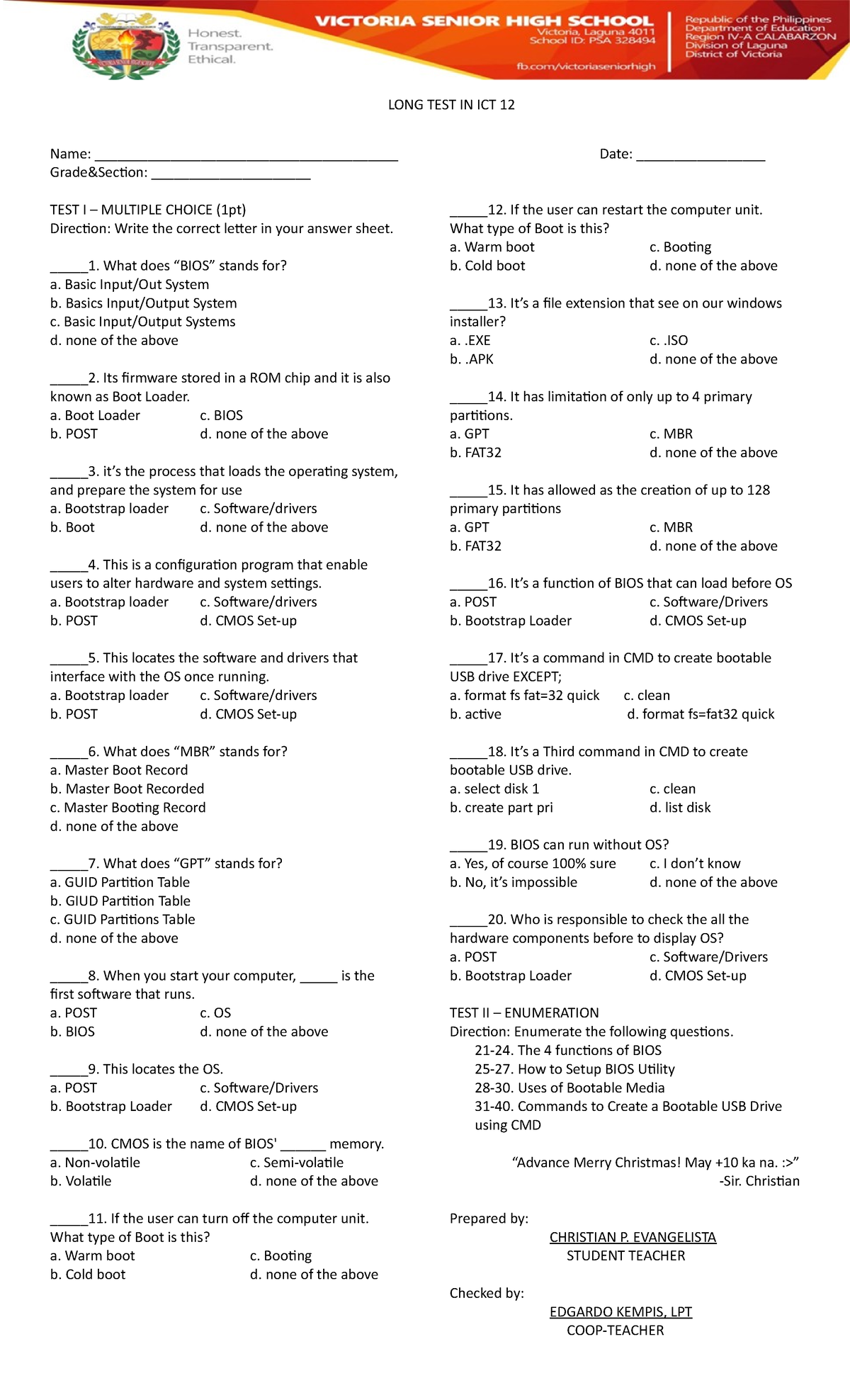 ICT 12 - Q2 TEST - Test - Name ...