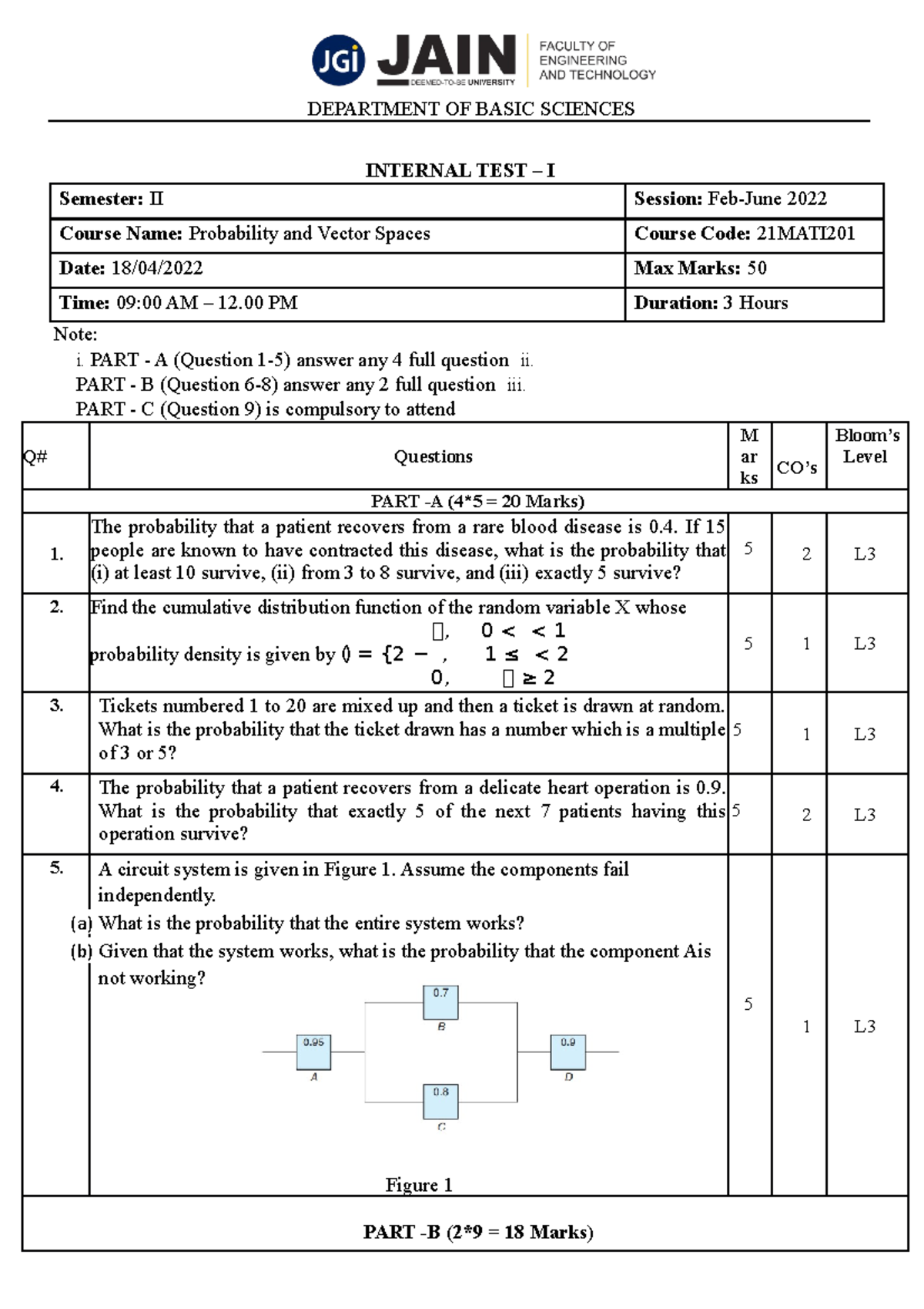 Internal Test 1 Probability and Vector Spaces QP - DEPARTMENT OF BASIC ...
