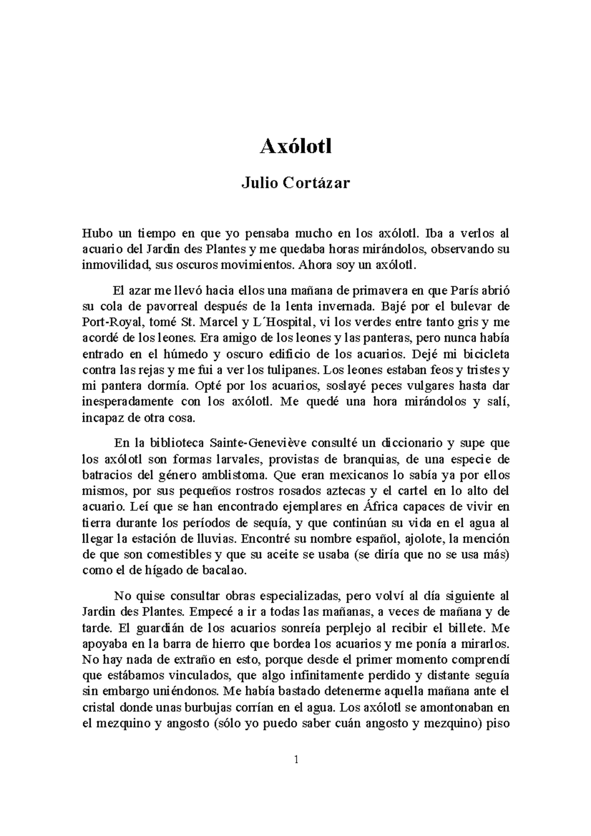 Julio Cortazar Axolotl - - Studocu