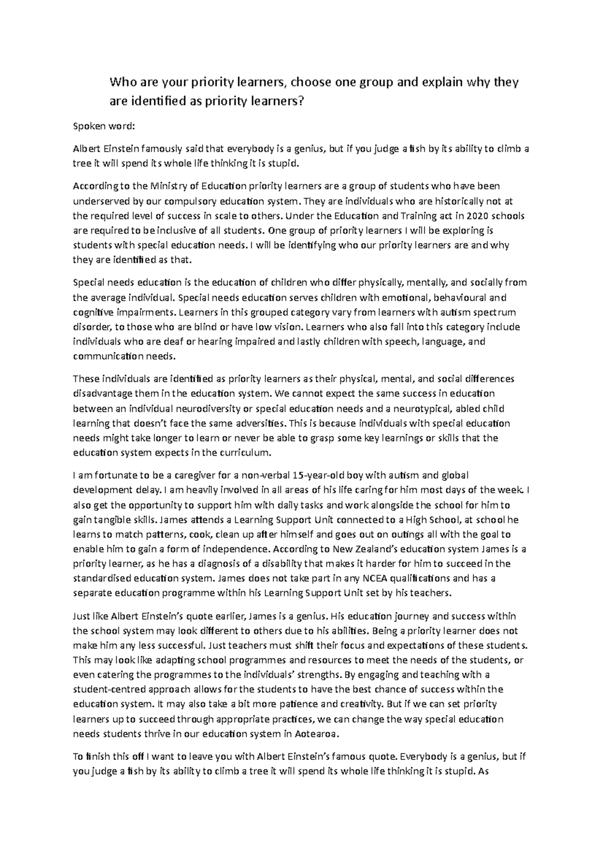 EDUC101 Assignment 3 part A - Who are your priority learners, choose ...