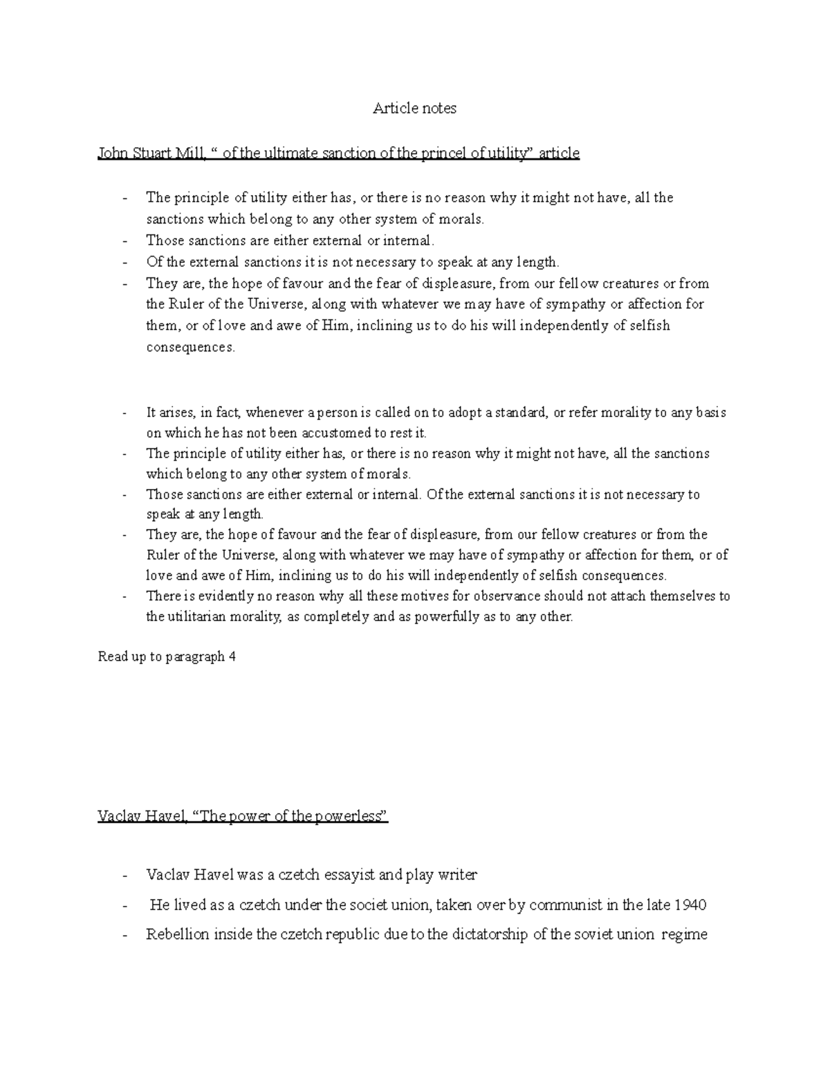 Week 2 article notes - Article notes John Stuart Mill,