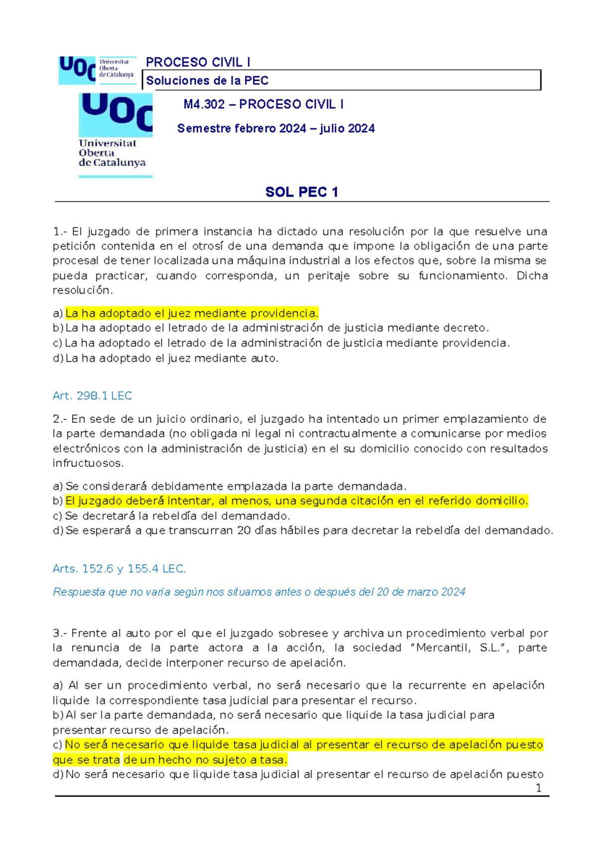TEST PECS 2024 - TEST PECS 2024 - PROCESO CIVIL I Soluciones de la PEC ...
