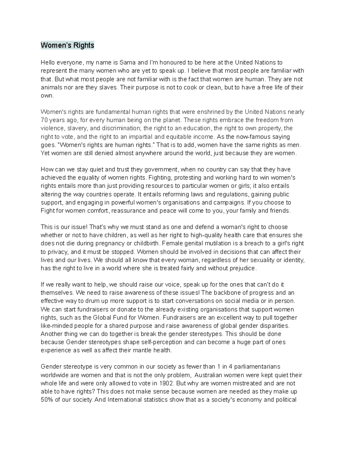 English speech - Women’s Rights Hello everyone, my name is Sama and I’m ...