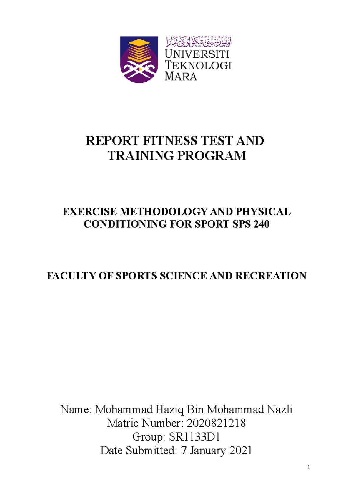 Fitness TEST Report - SPS240 - REPORT FITNESS TEST AND TRAINING PROGRAM ...