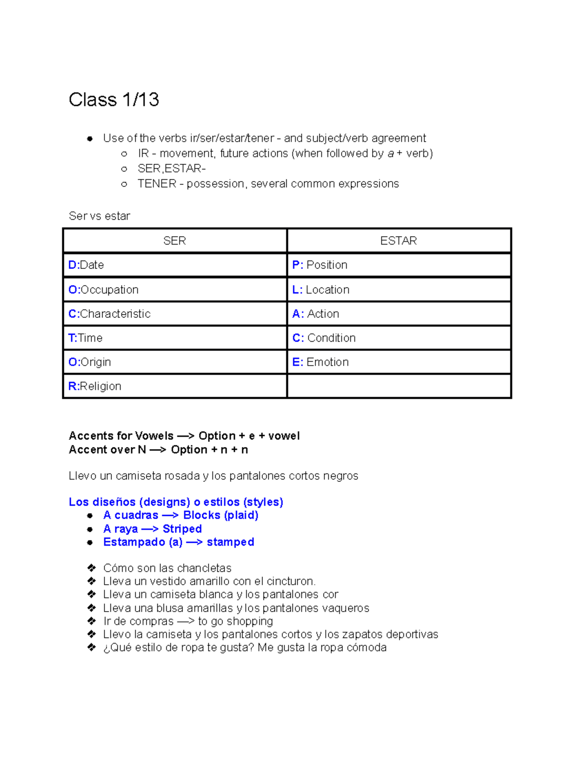 SPAN 122 Chap 7 notes - Class 1/ Use of the verbs ir/ser/estar/tener ...