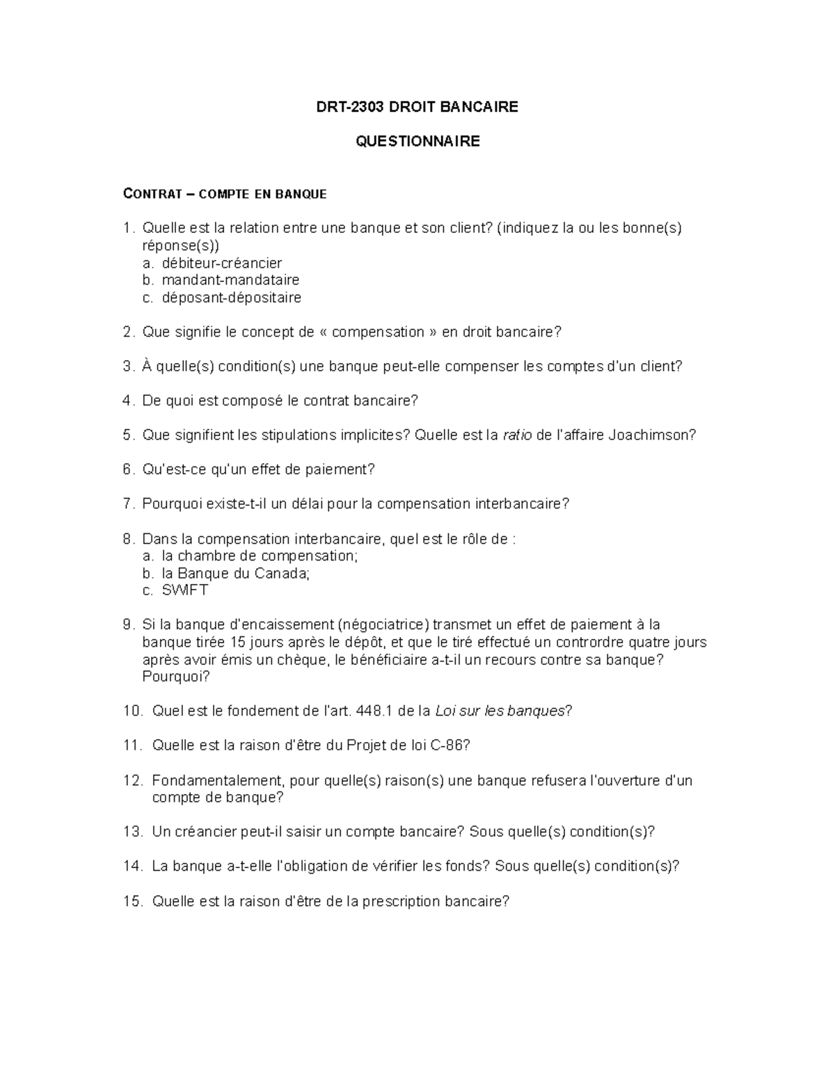 BAN - Questionnaire (Compte en banque) - DRT-2303 DROIT BANCAIRE ...