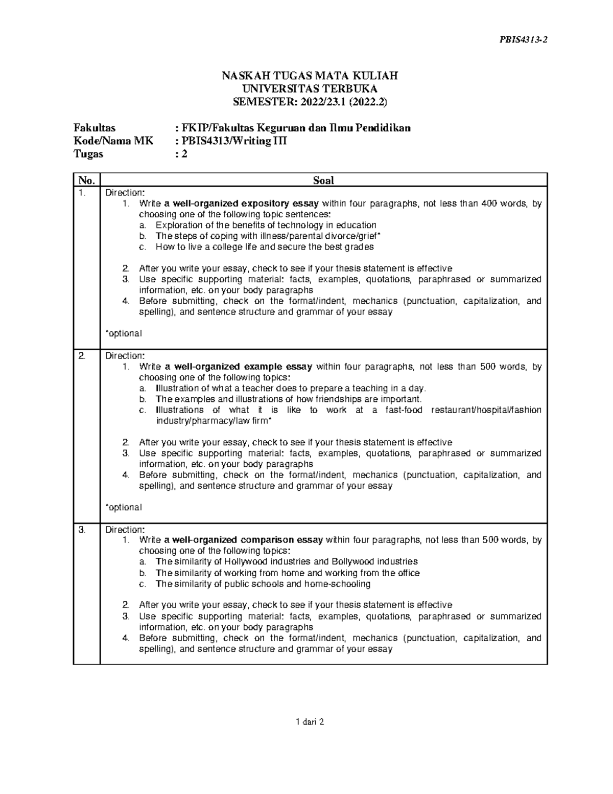 Soal pbis4313 tmk2 - PBIS4313- 1 dari 2 NASKAH TUGAS MATA KULIAH UNIVERSITAS TERBUKA SEMESTER ...