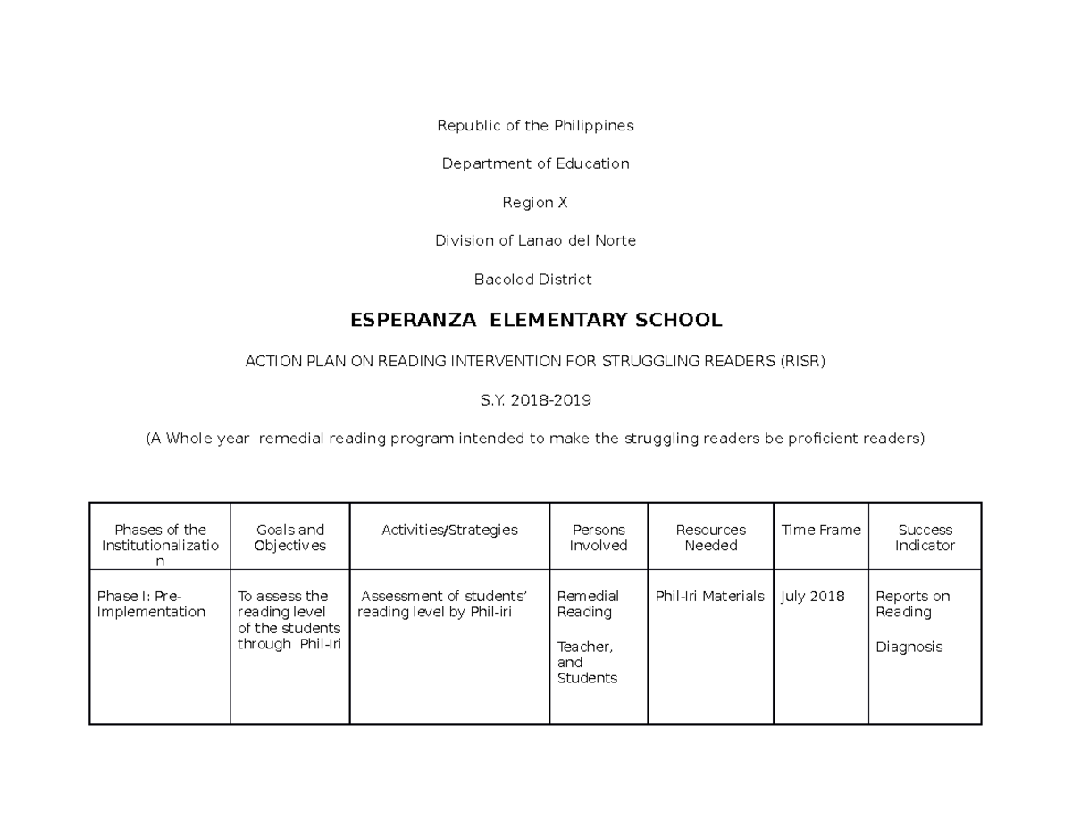 Action PLAN IN Reading Interventio N FOR Struggling Readers( RISR ...