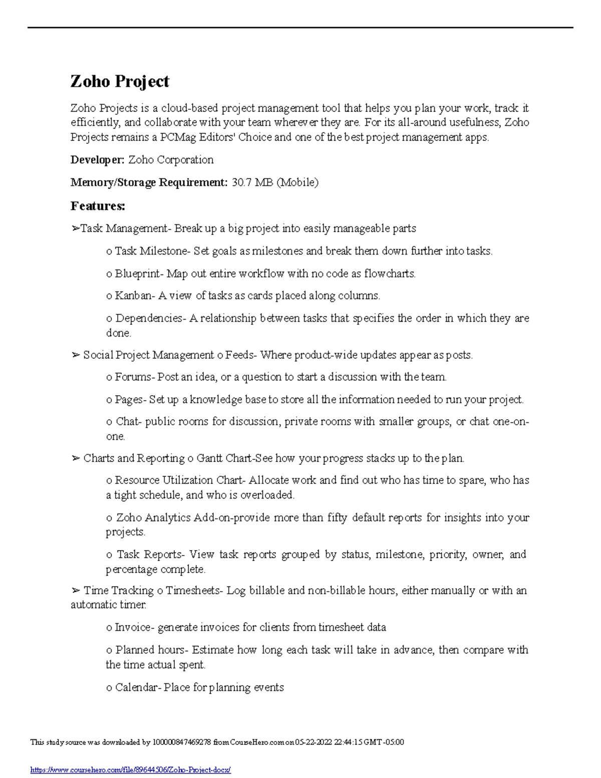 Zoho Project - to study - This study source was downloaded by ...