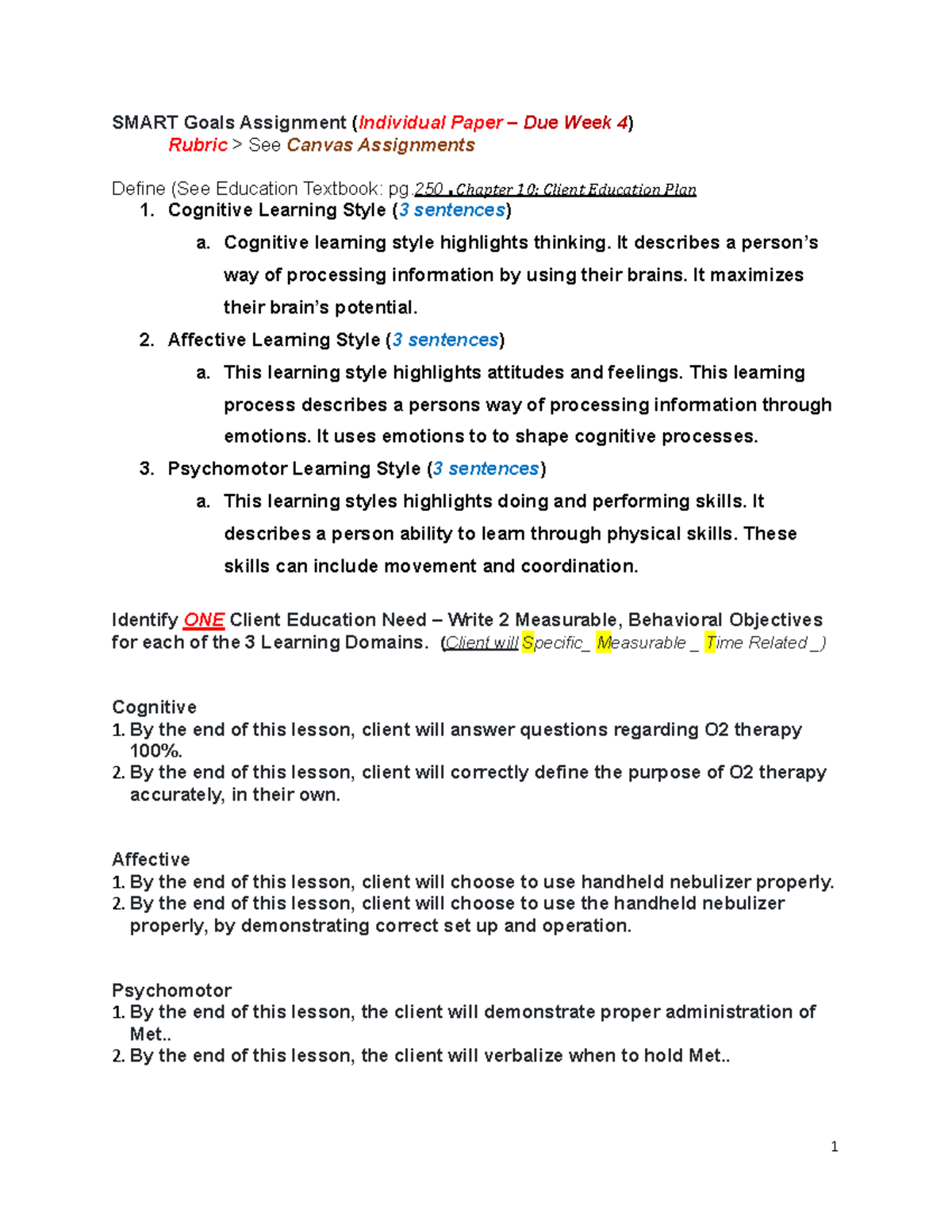Goals nurs110 assignment - SMART Goals Assignment (Individual Paper ...