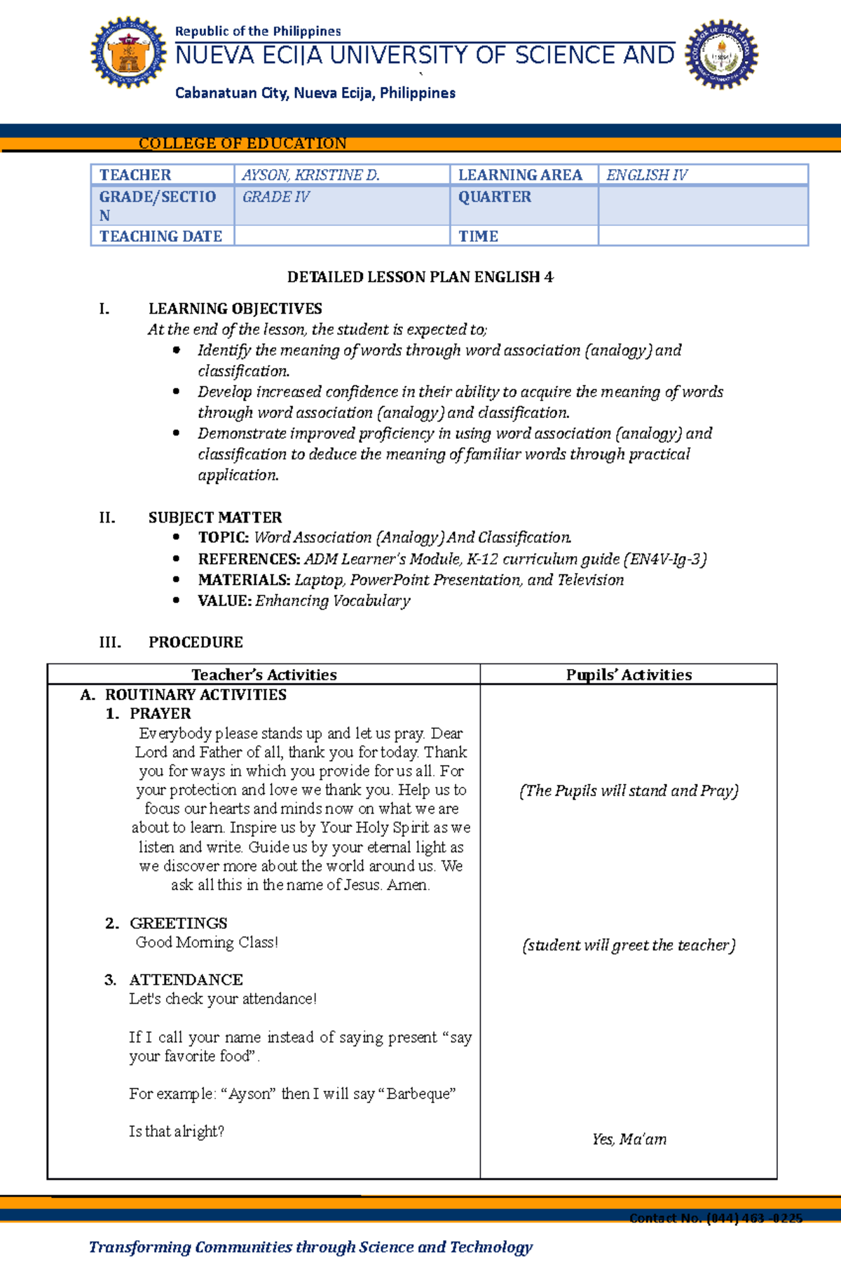 Detailed Lesson PLAN English 4 wed - ` TEACHER AYSON, KRISTINE D ...