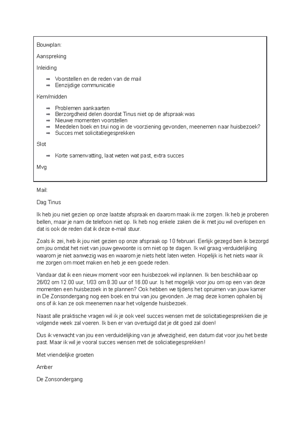 Examen BS Mail - Bouwplan: Aanspreking Inleiding Voorstellen en de ...