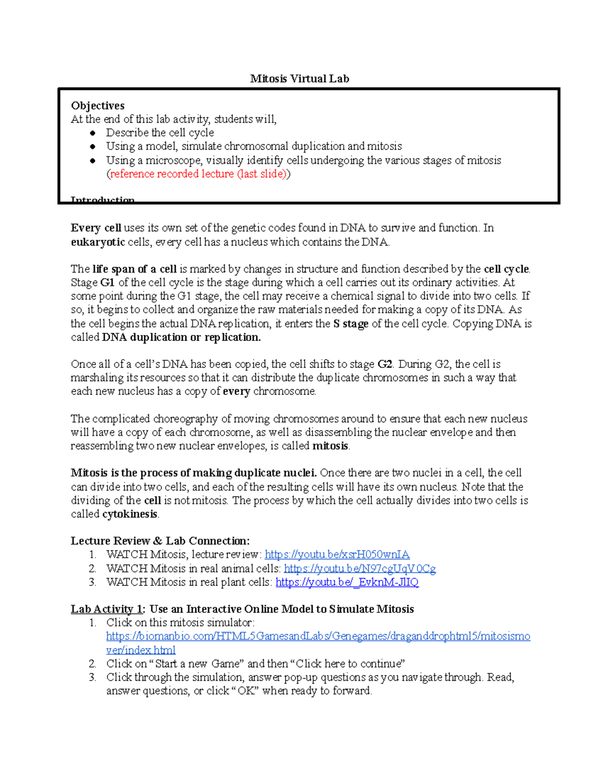 Mitosis Virtual Lab(1) (5) - Mitosis Virtual Lab Objectives At the end ...