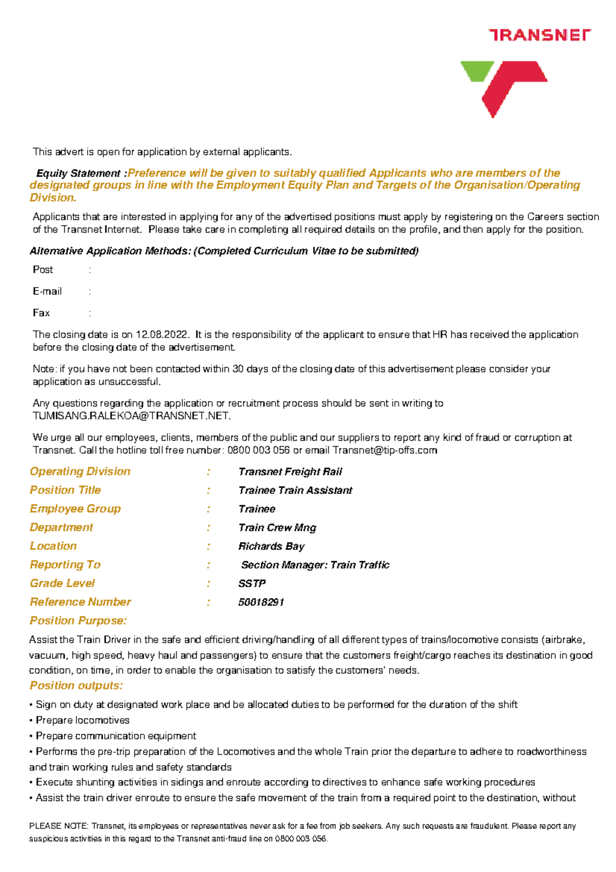 Data Overview - Trainee Train Assistant - This advert is open for ...