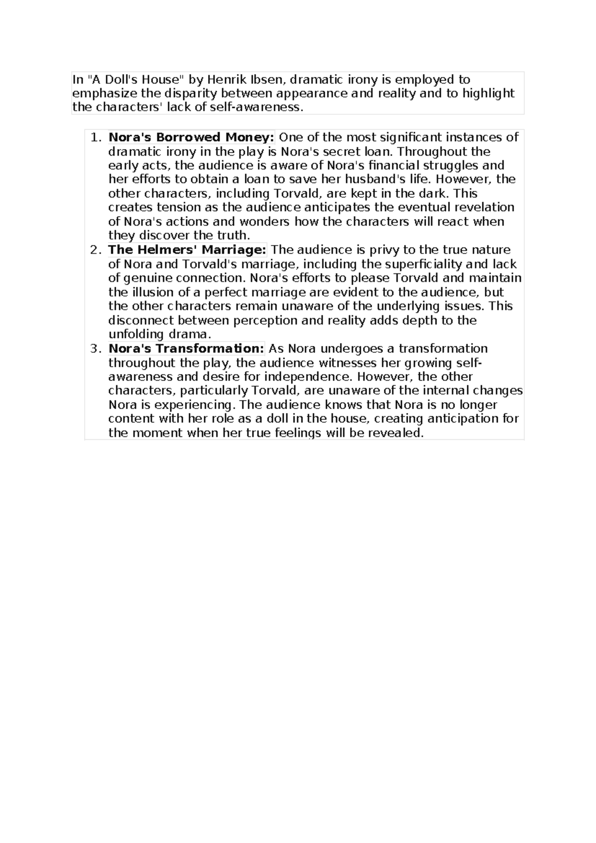 Dolls house - Summary BA. Honours English - In "A Doll's House" by ...