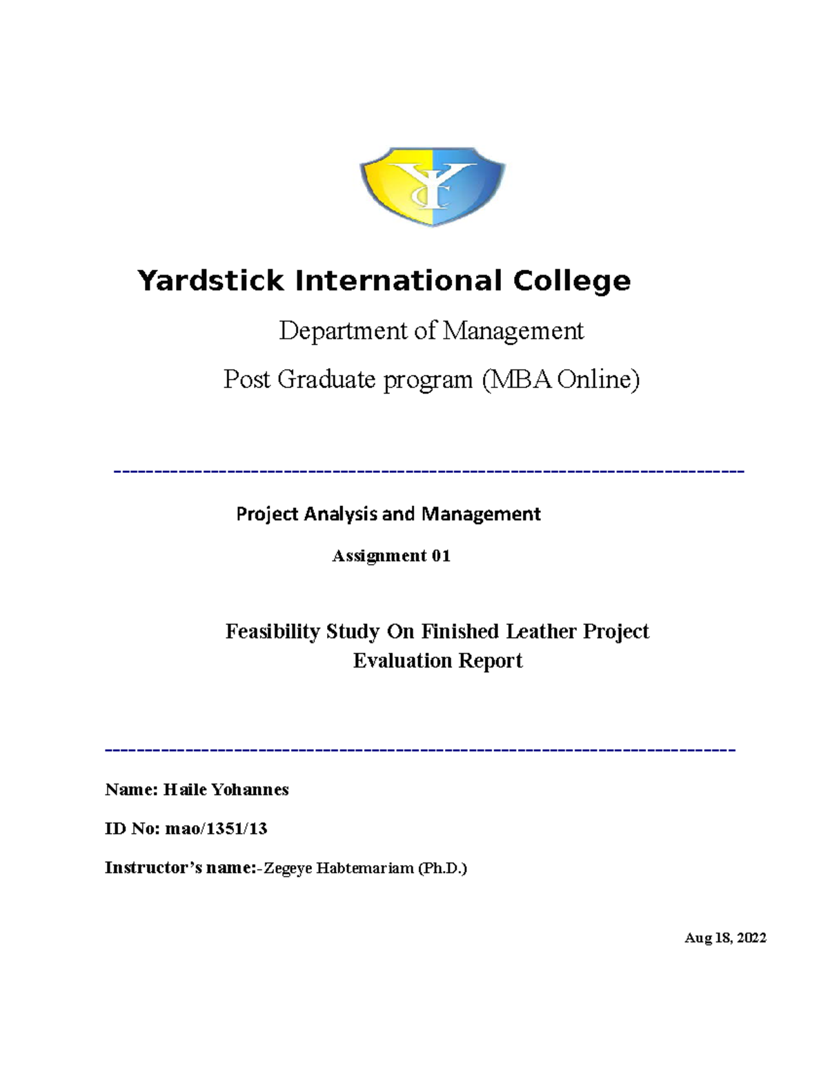Haile Yohannes MAO-1351-13 PAM - Yardstick International College ...