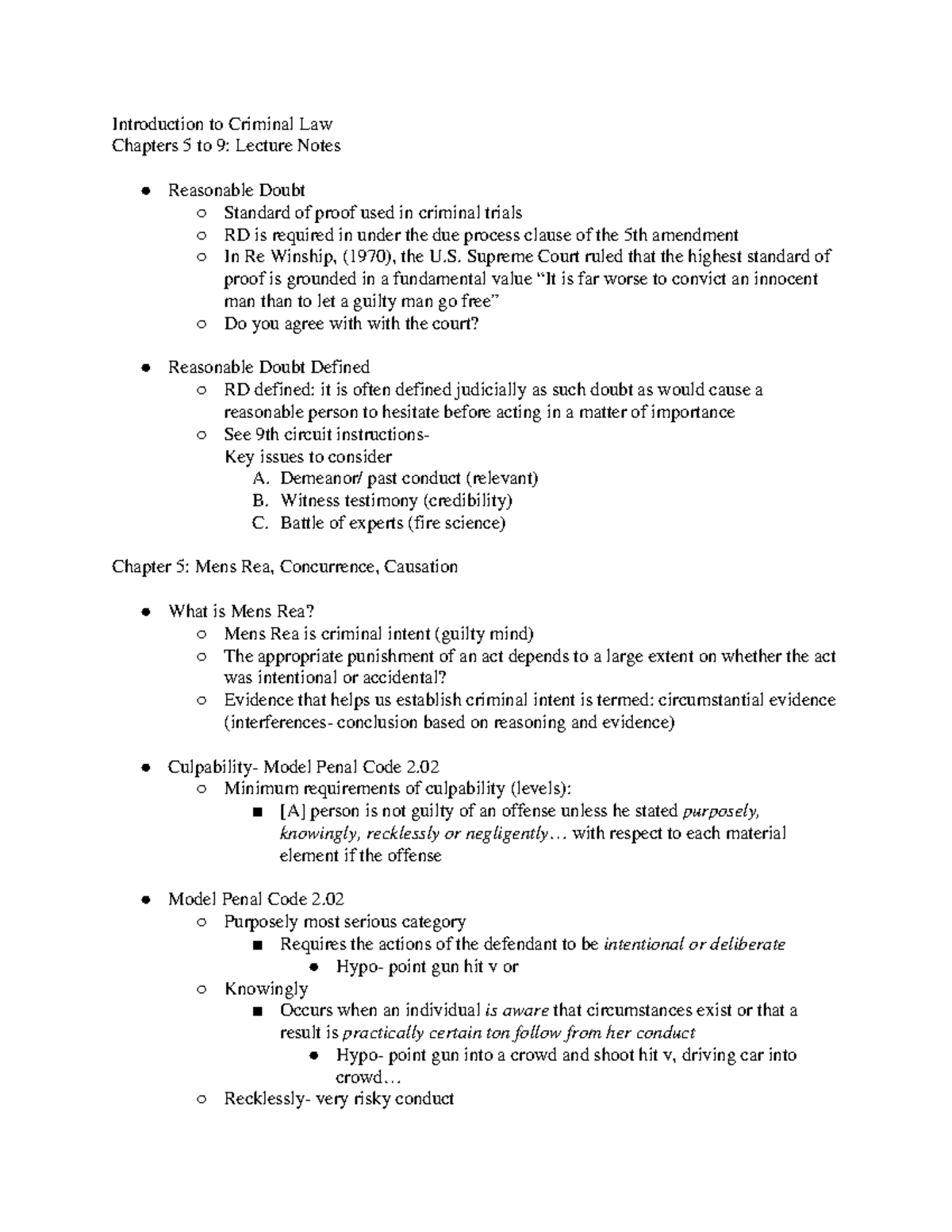 Introduction to Criminal Law Chapters 5 to 9: Lecture Notes Reasonable ...