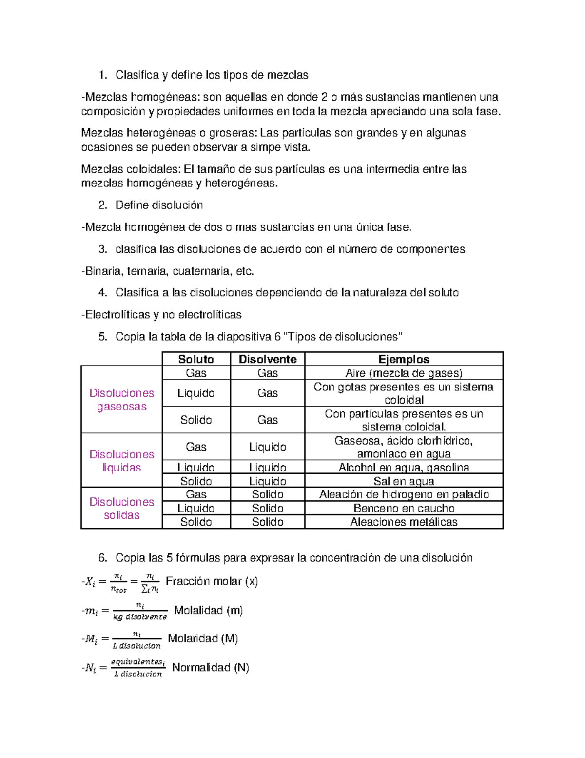 Disoluciones fisicoquimica - Clasifica y define los tipos de mezclas Mezclas homogéneas: son ...