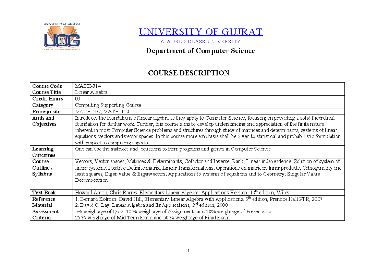 MATH-314 Linear Algebra - UNIVERSITY OF GUJRAT A WORLD CLASS UNIVERSITY Department of Computer ...