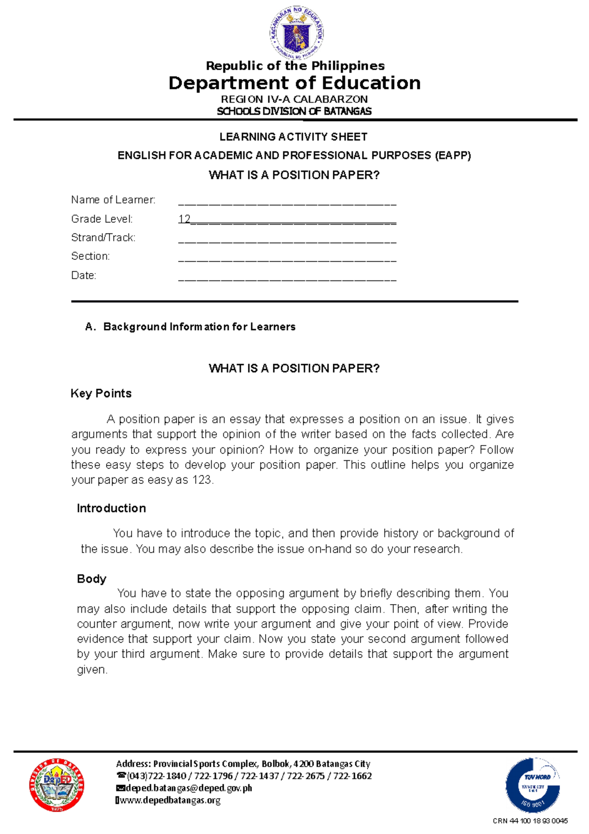 EAPP LAS Position 1docx - Department of Education REGION IV-A ...