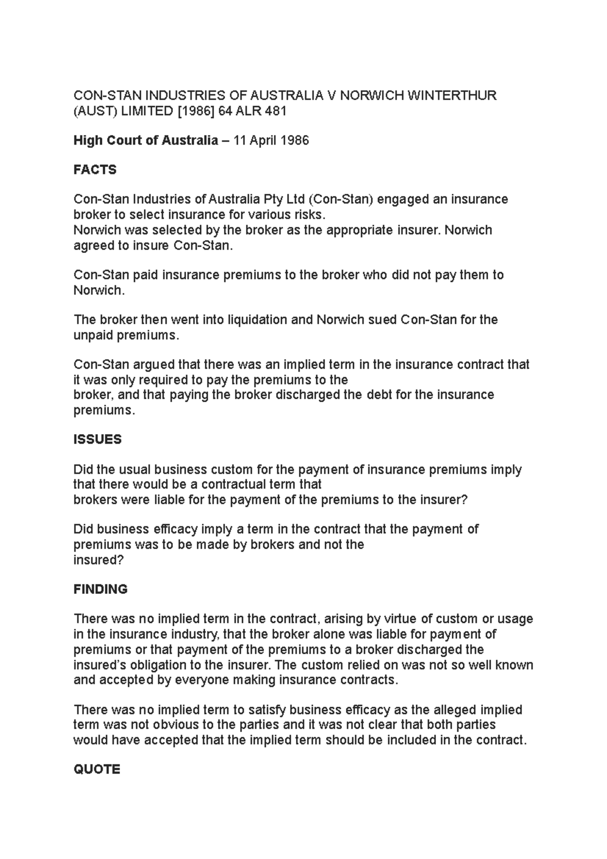 CON-stan industries of Australia v Norwich Winterthur Insurance - CON ...