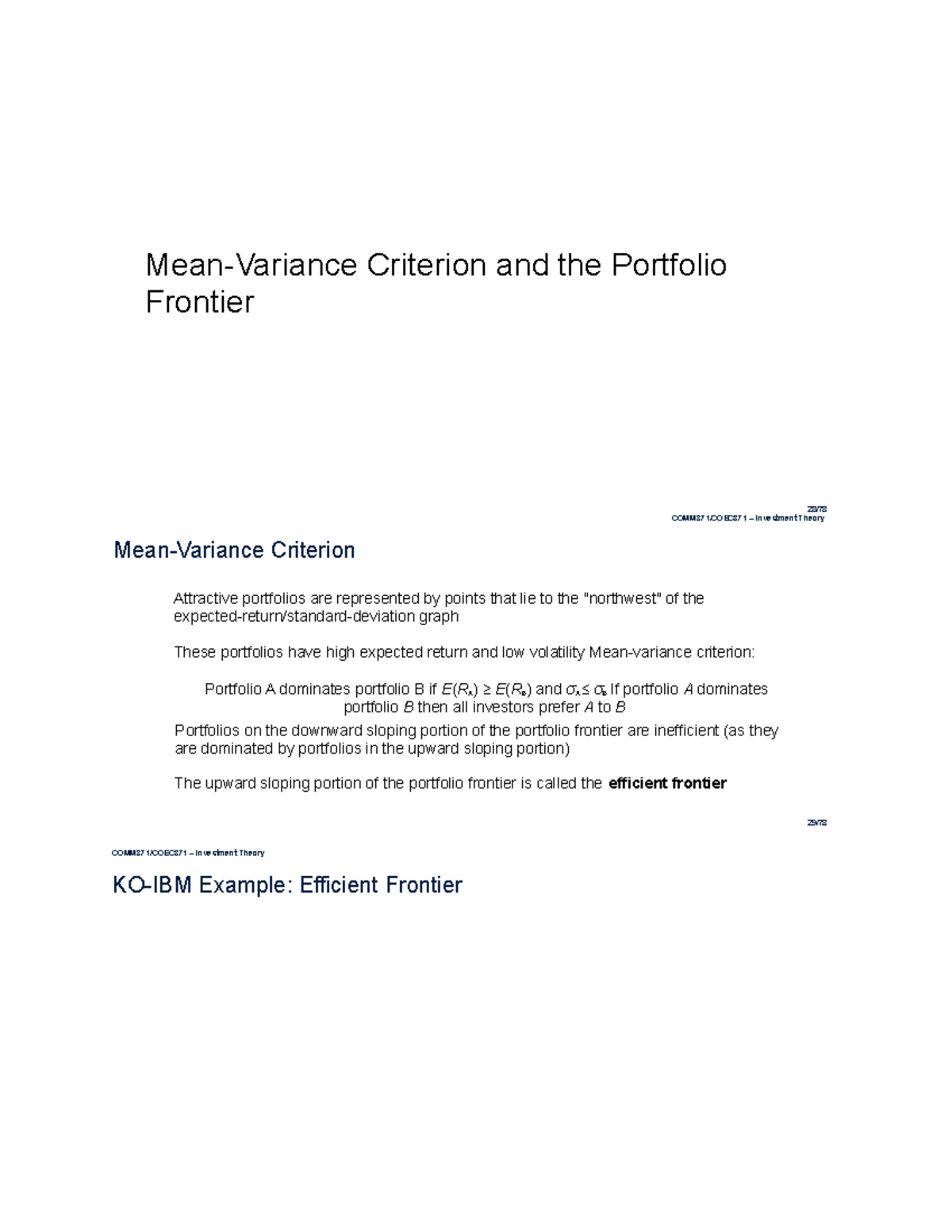 Mean-Variance Criterion and the Portfolio Frontier - Mean-Variance ...