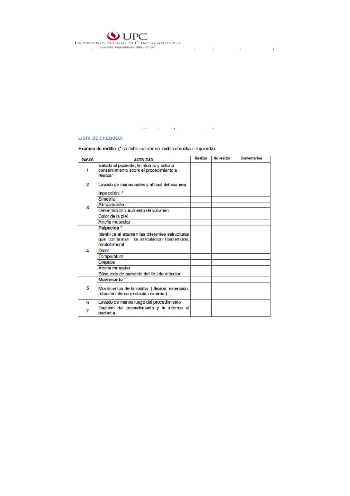 Check list Examen Osteoarticular - Clínica Integrada - Studocu